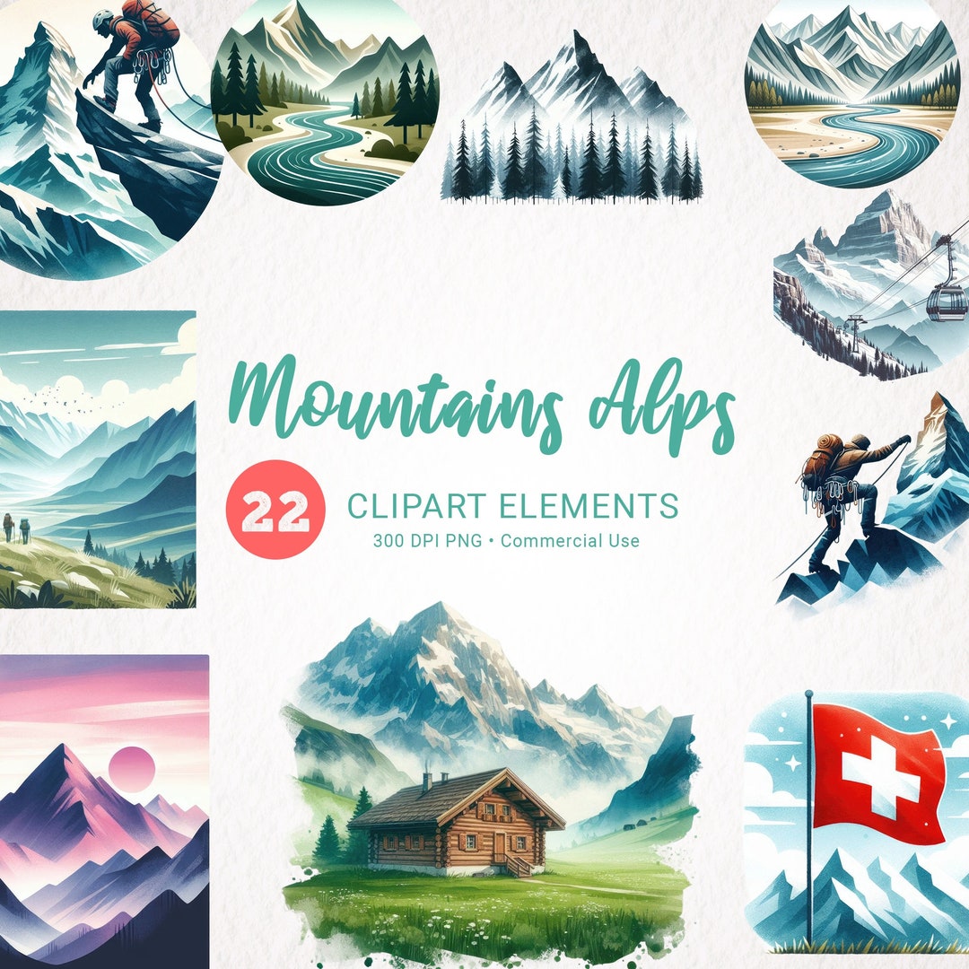 Alps Mountain Watercolor Clipart Bundle 22 Alpine Scene Pngs ...