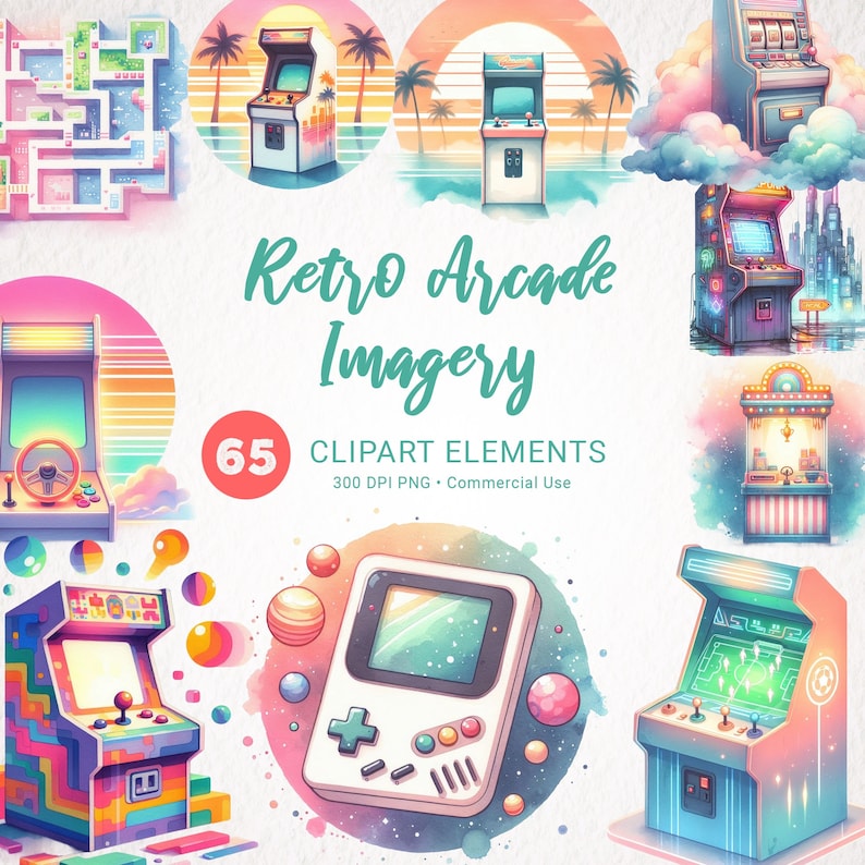 Vintage Arcade Machine Watercolor Clipart Bundle Pastel Neon Cyberpunk ...