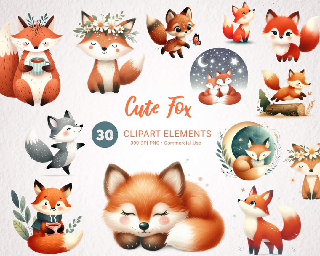Cute Fox Watercolor Clipart Bundle - 30 High-quality PNG Images ...