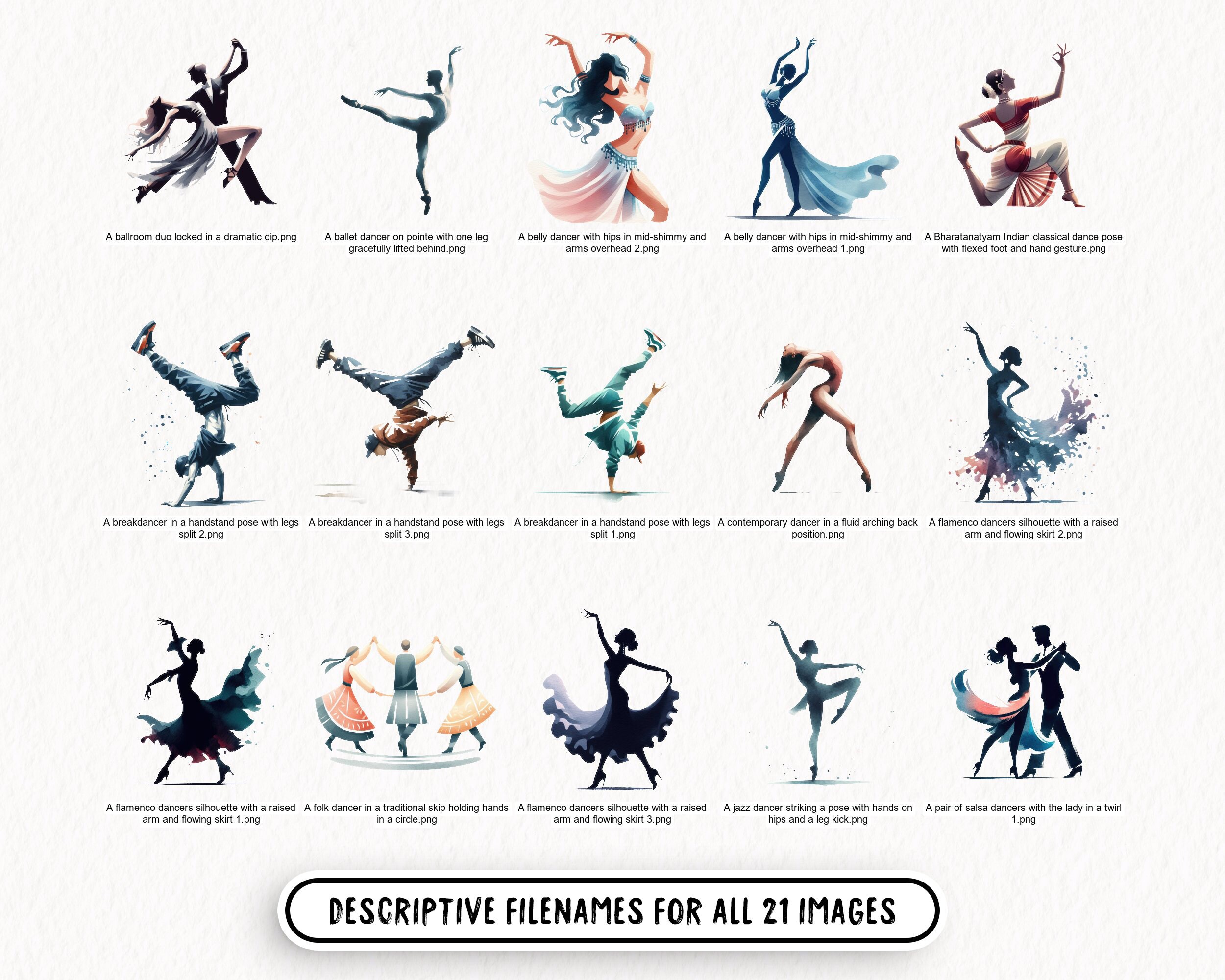 Watercolor Dance Silhouette Clipart 21 PNG Big Bundle Ballet, Hip-hop ...