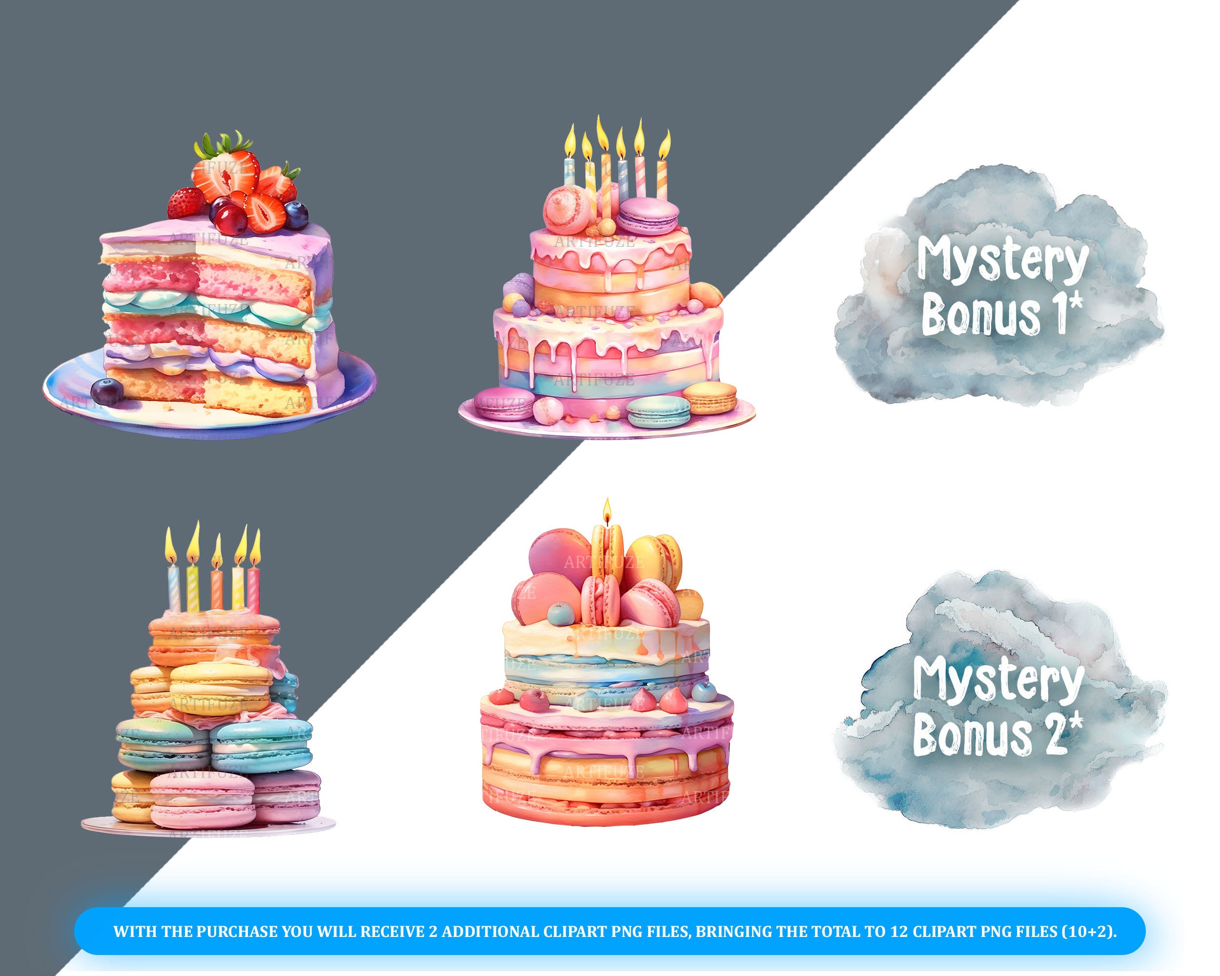 Watercolor Birthday Cake Clipart Bundle 10 Pngs for Invites, Scrapbooks ...