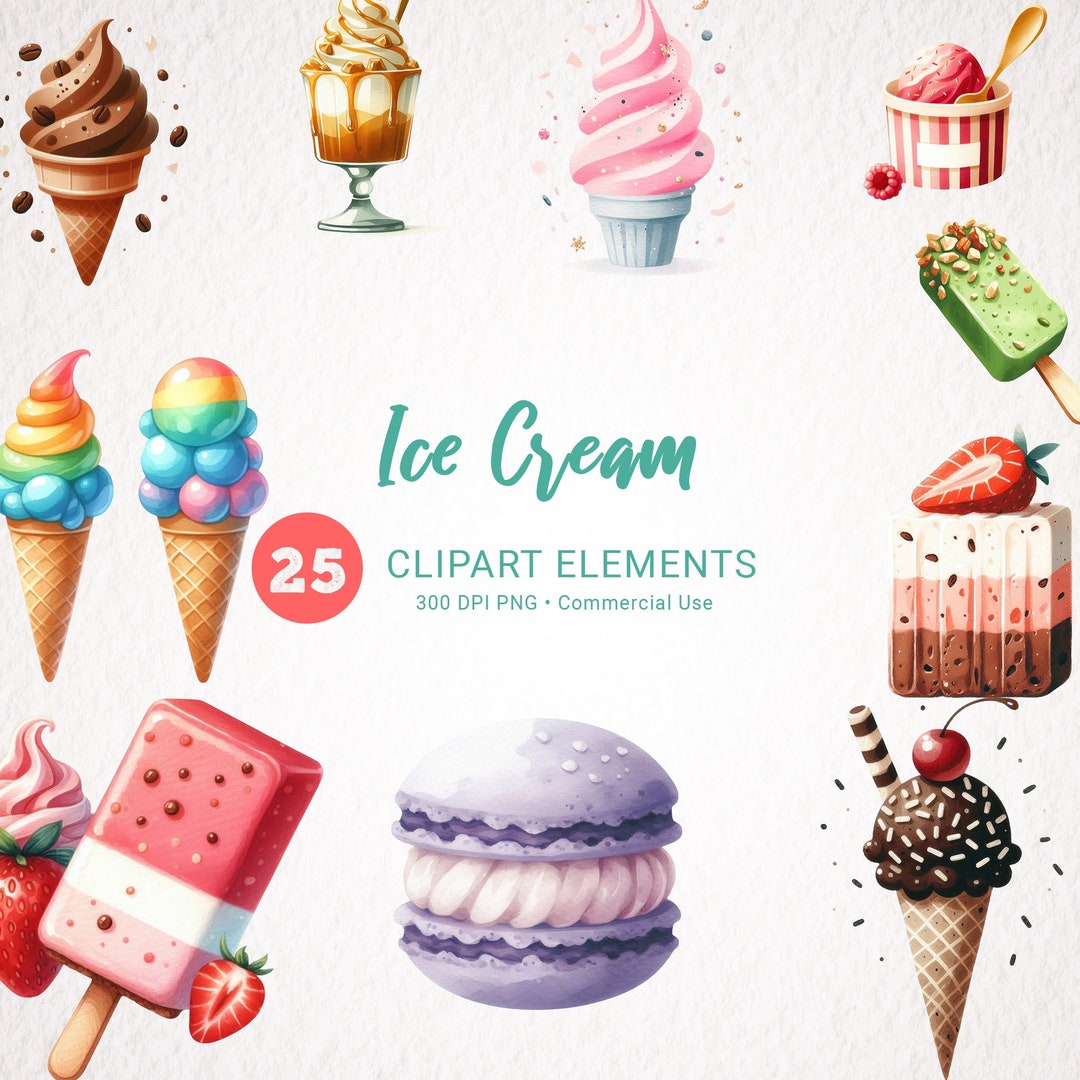 Ice Cream Watercolor Clipart Bundle - 25 HQ PNG Scoops, Bars & Sundaes ...