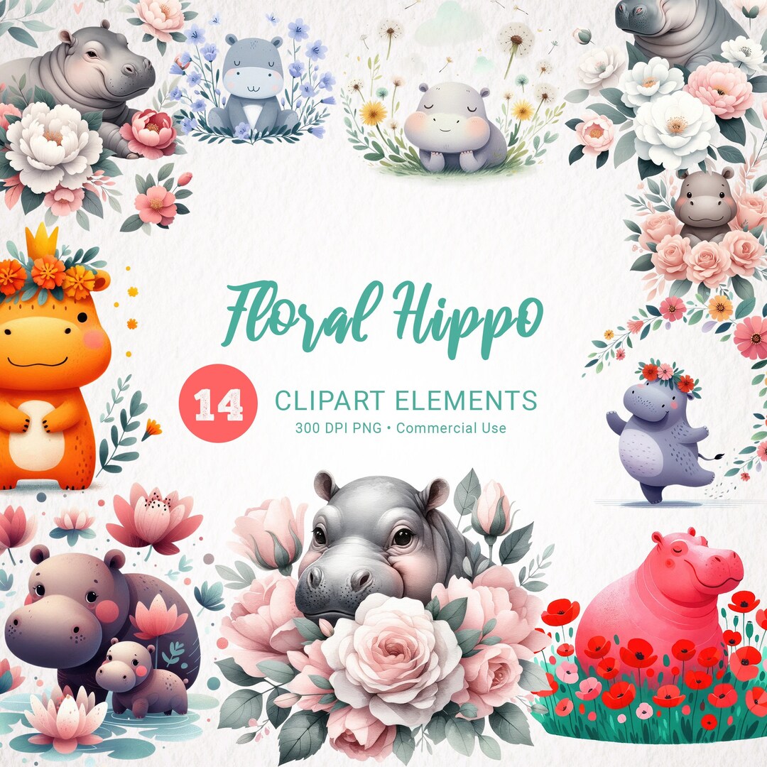 Floral Hippo Watercolor Clipart Bundle - 14 PNG Images, Hippo & Flowers ...