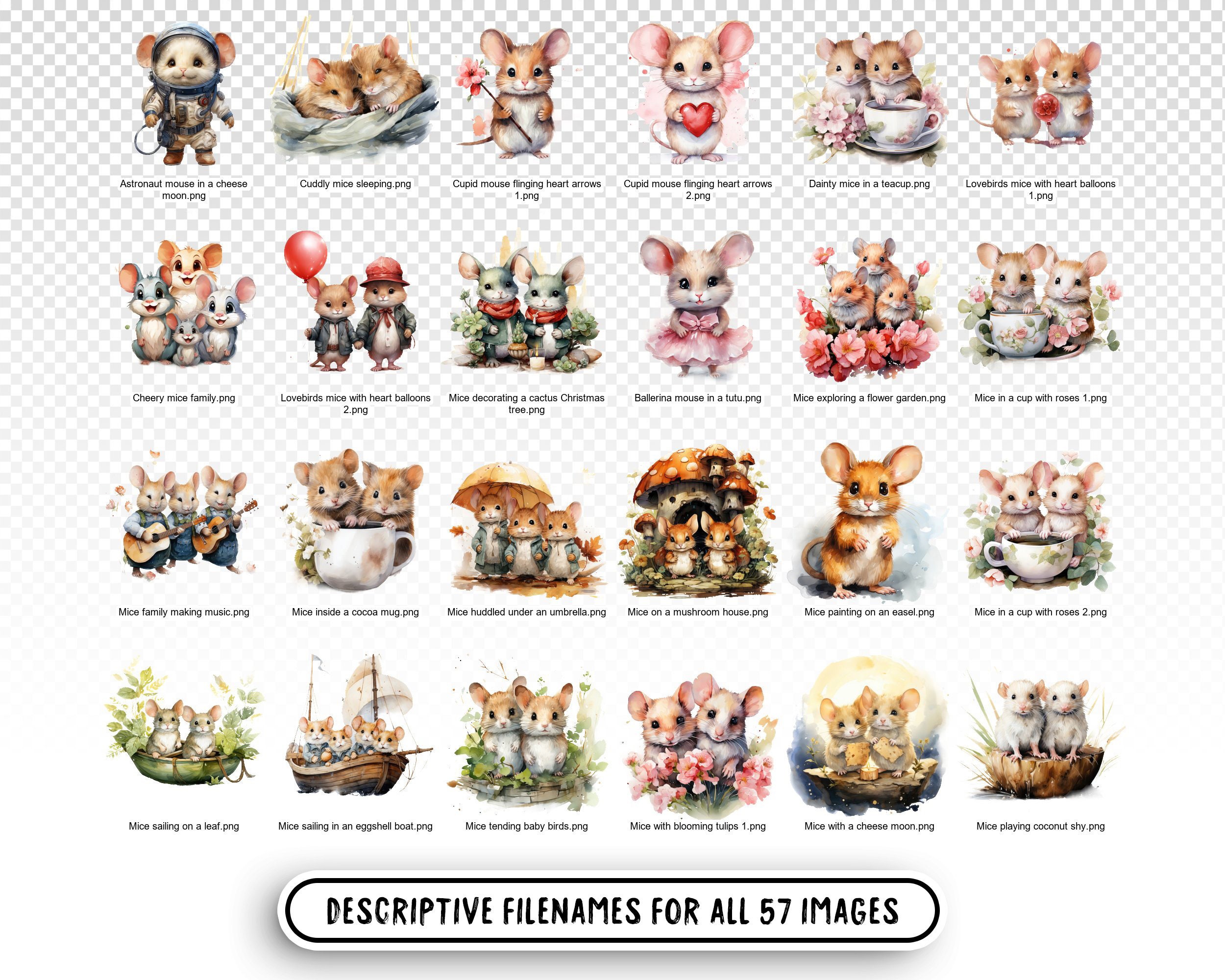 Cute Mice Watercolor Clipart Bundle 57 Transparent PNG Images Whimsical ...