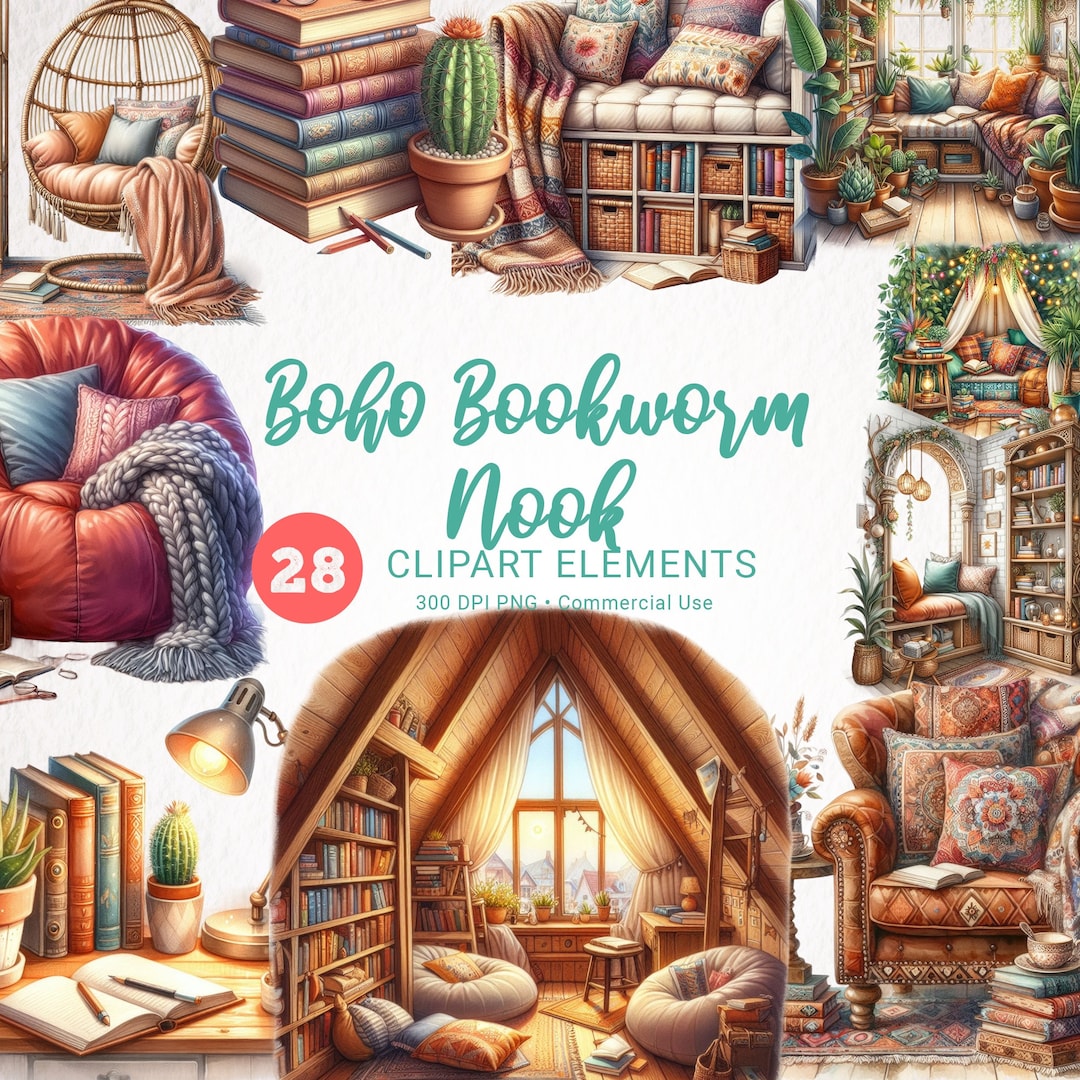 Boho Bookworm Clipart Bundle - Watercolor Reading Corner, Bookshelf ...