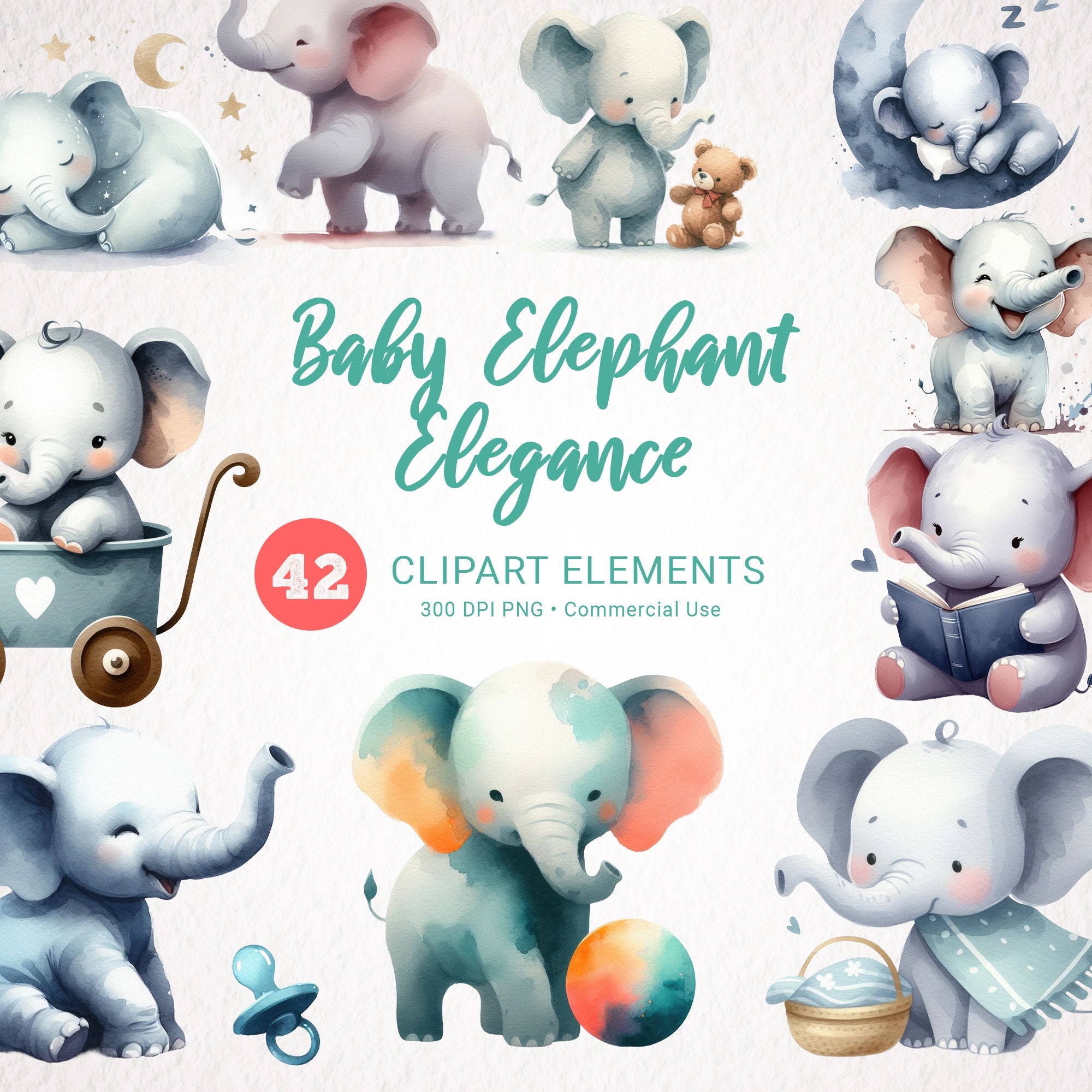 Cute Elephant Watercolor Clipart Baby Boy Nursery Decor, Baby Shower ...