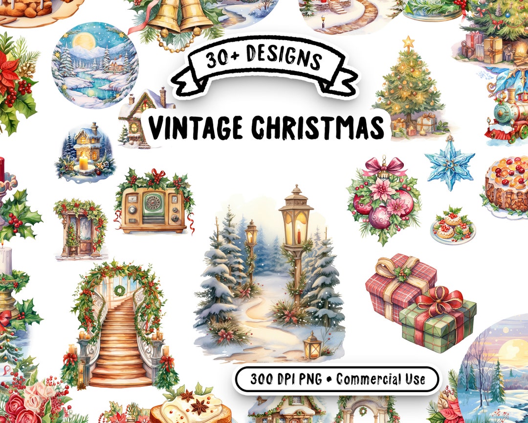 Vintage Christmas Watercolor Clipart Bundle - 32 Quality PNG Images ...