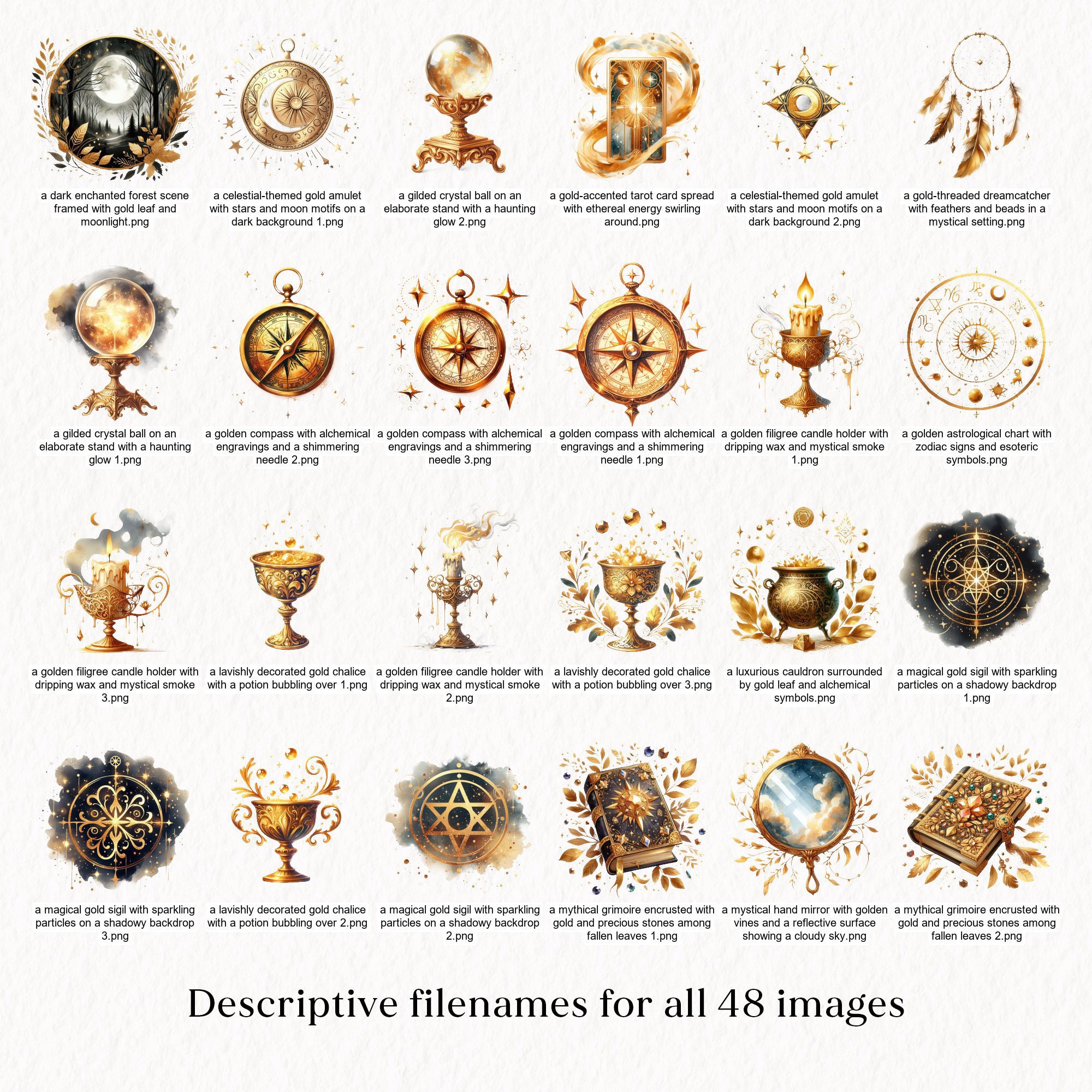 Witchcraft Clipart Bundle, Gold Witch PNG, Magic Clipart, Mystical ...