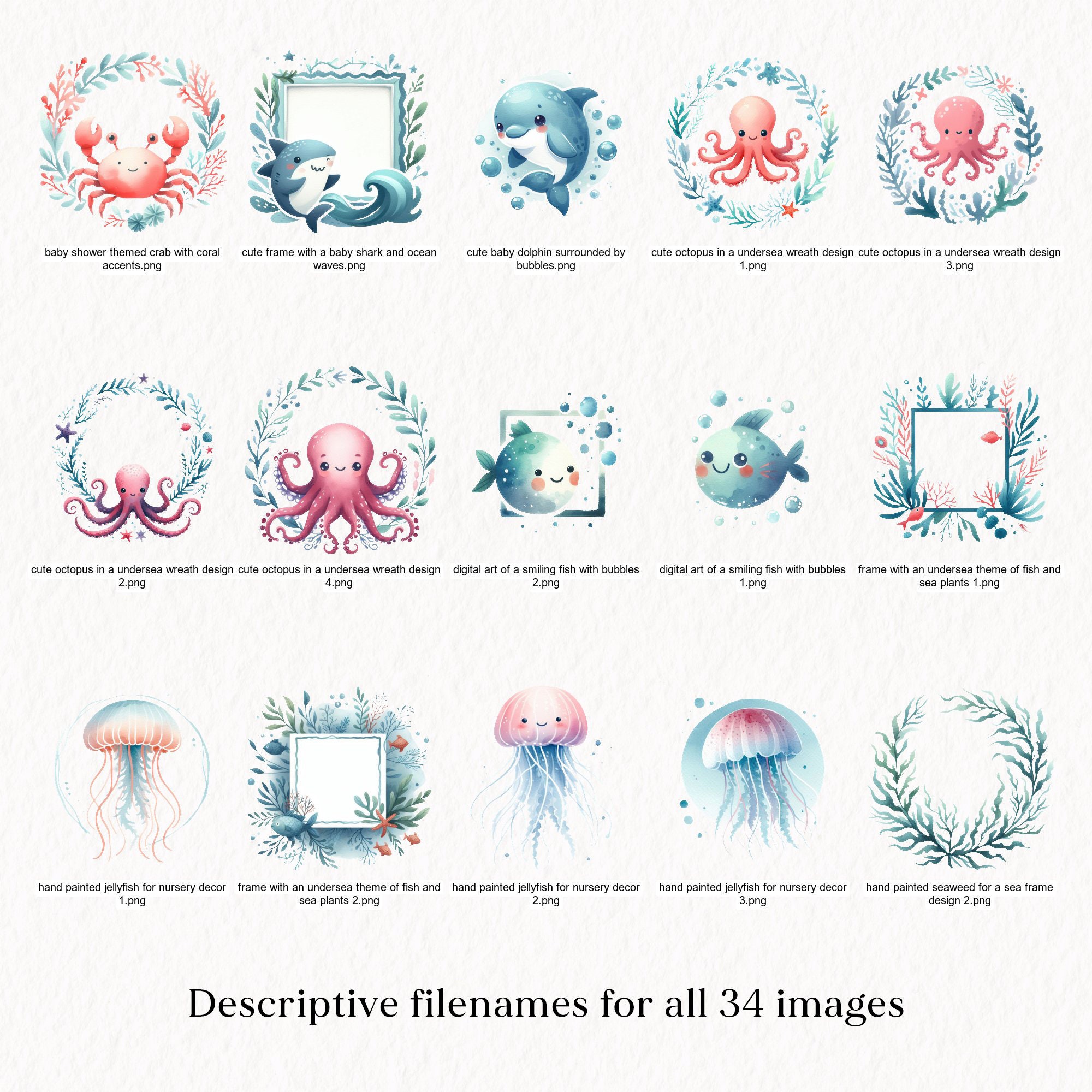 Watercolor Undersea Wreath Clipart, Nautical Frame PNG, Nursery Decor ...