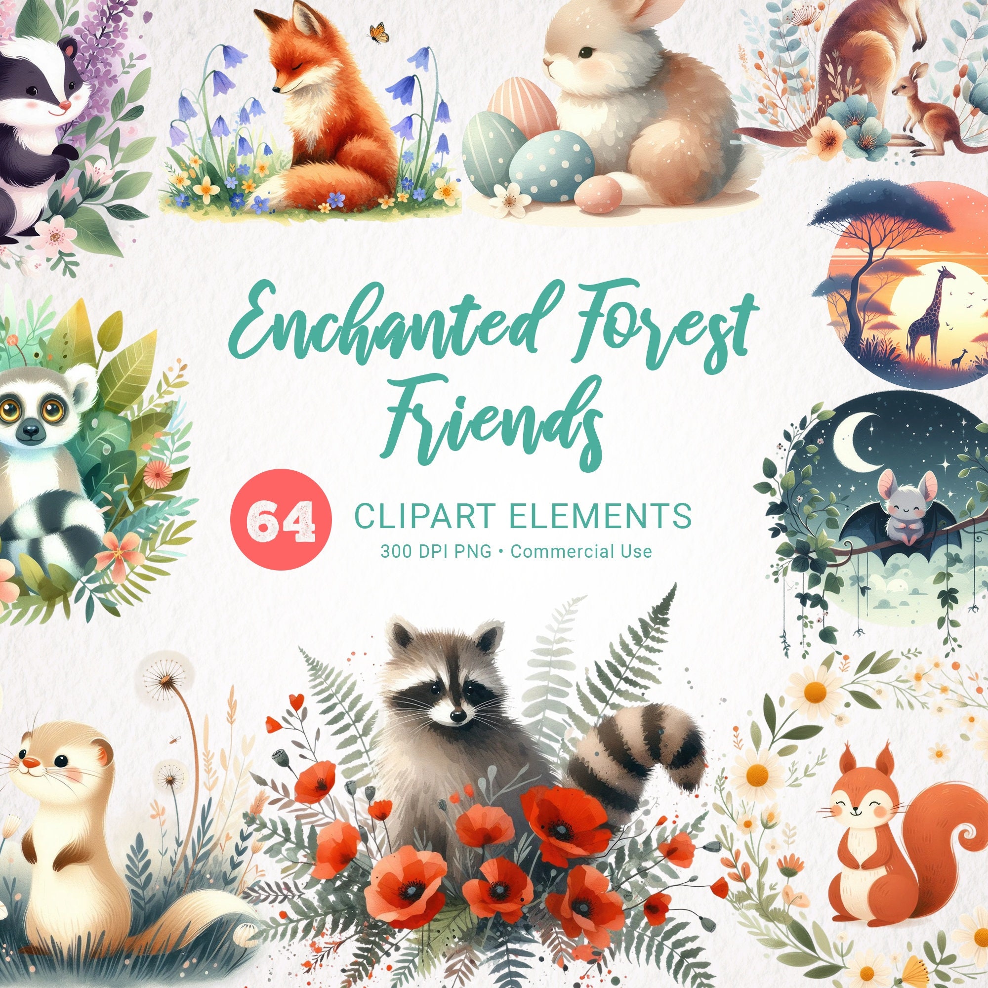 Woodland Animals Clipart Bundle Watercolour Cute Foxes, Bunnies, Wolves ...