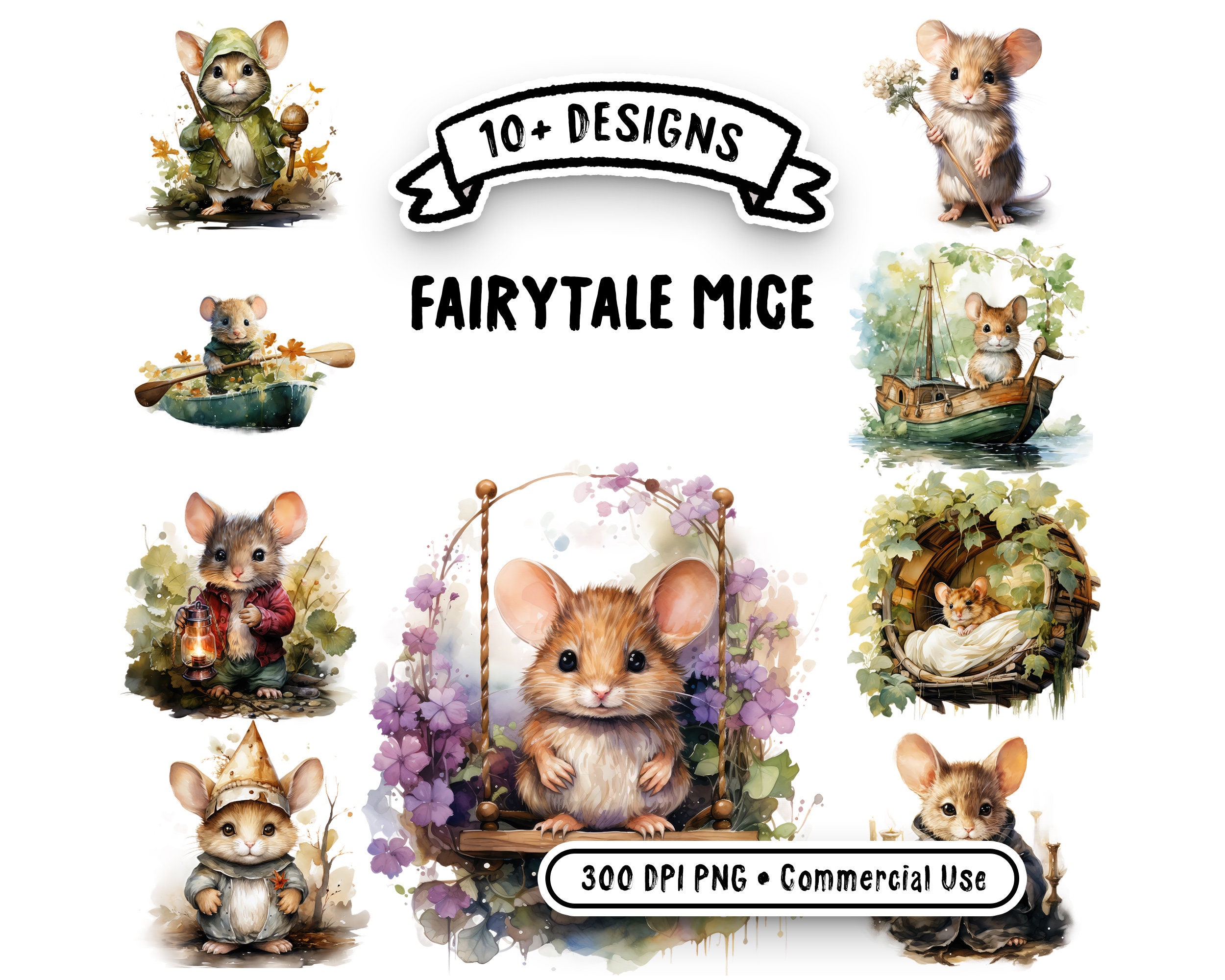 Fairytale Mice Watercolor Clipart Big Bundle of 12 Whimsical Mouse Pngs ...