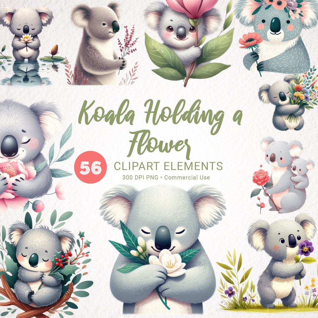 Koala Flower Bundle - Watercolor Clipart, 56 PNG Koalas With Flowers ...