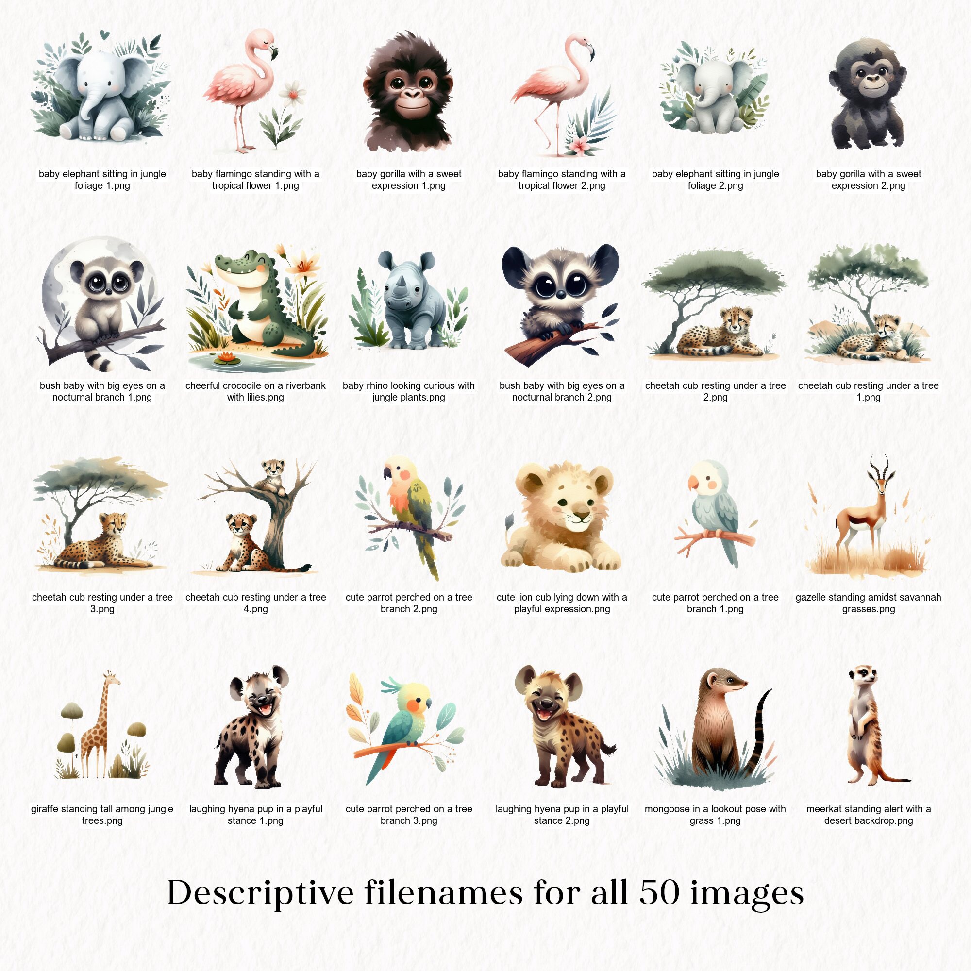 Jungle Safari Watercolor Clipart Cute Animals for Baby Shower, Nursery ...