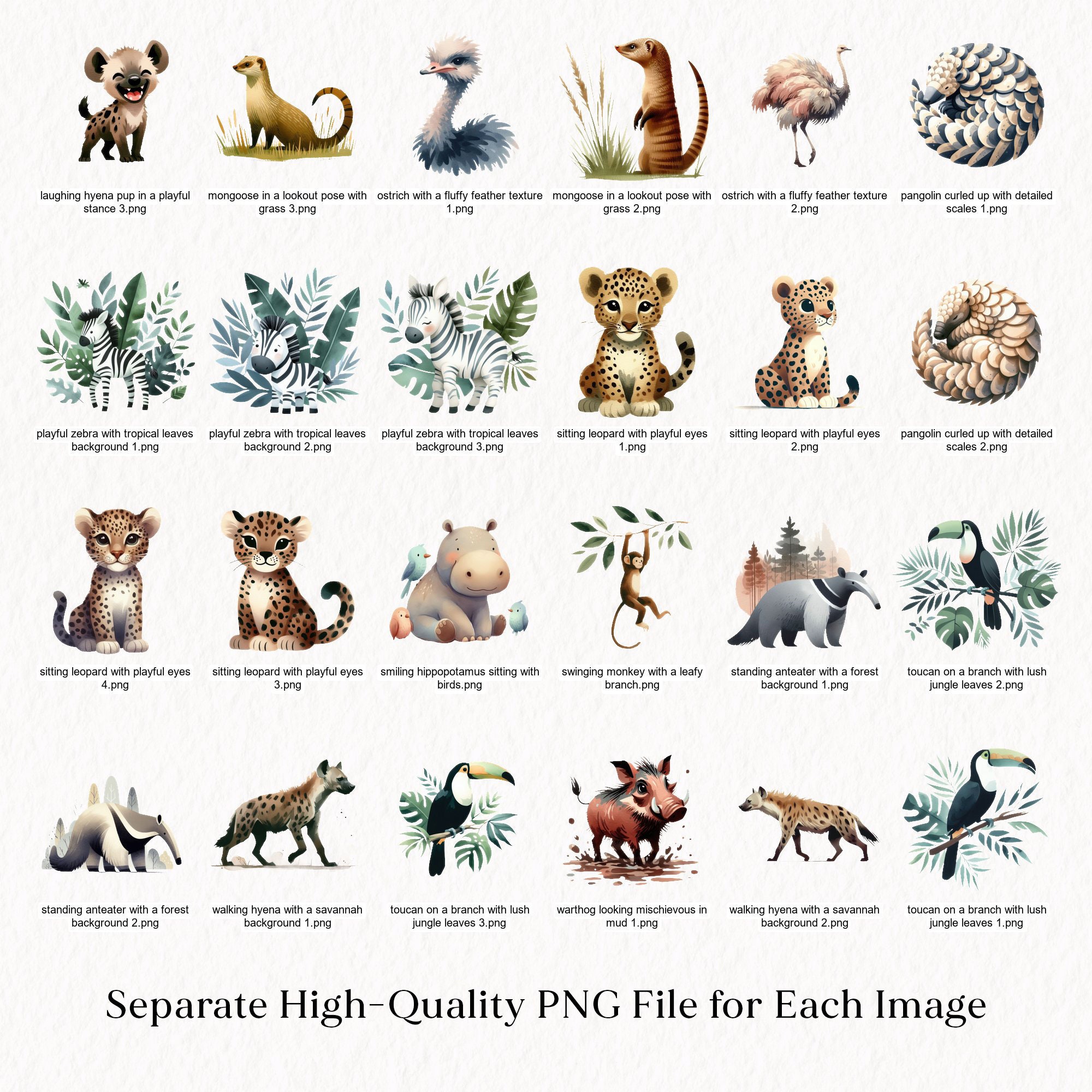 Jungle Safari Watercolor Clipart Cute Animals for Baby Shower, Nursery ...