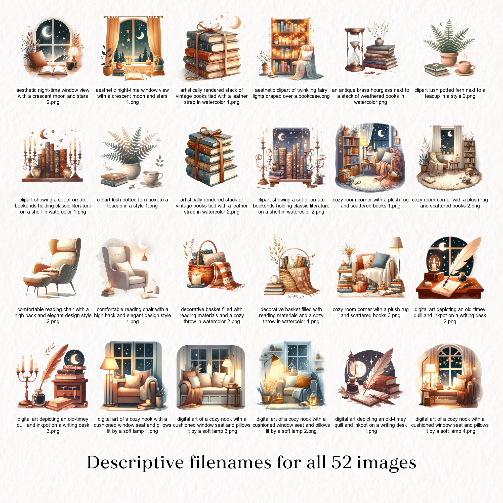 Cozy Reading Corner Clipart Bundle - Watercolor Night Reading ...