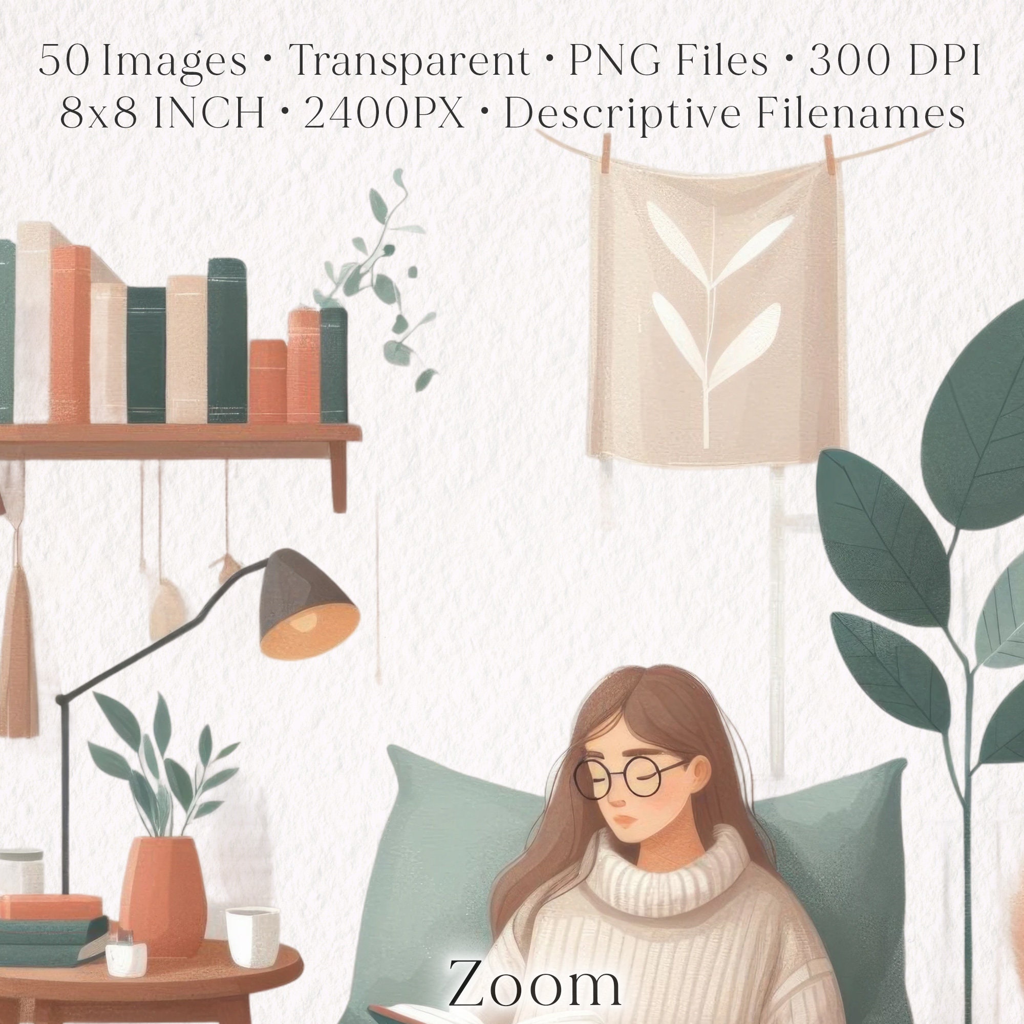 Cozy Reading Corner Watercolor Clipart 50 Transparent PNG Woman Reading ...