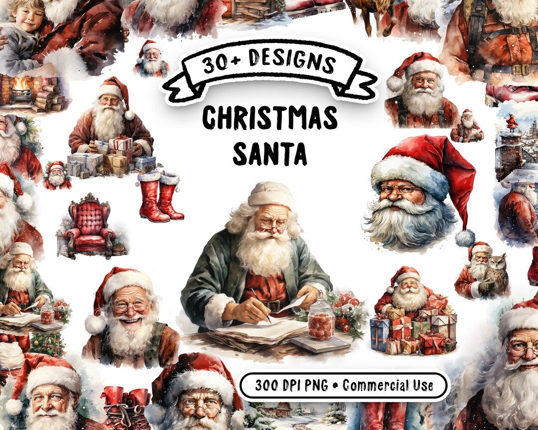 Christmas Santa Watercolor Clipart Bundle - 34 PNG Images, Festive ...