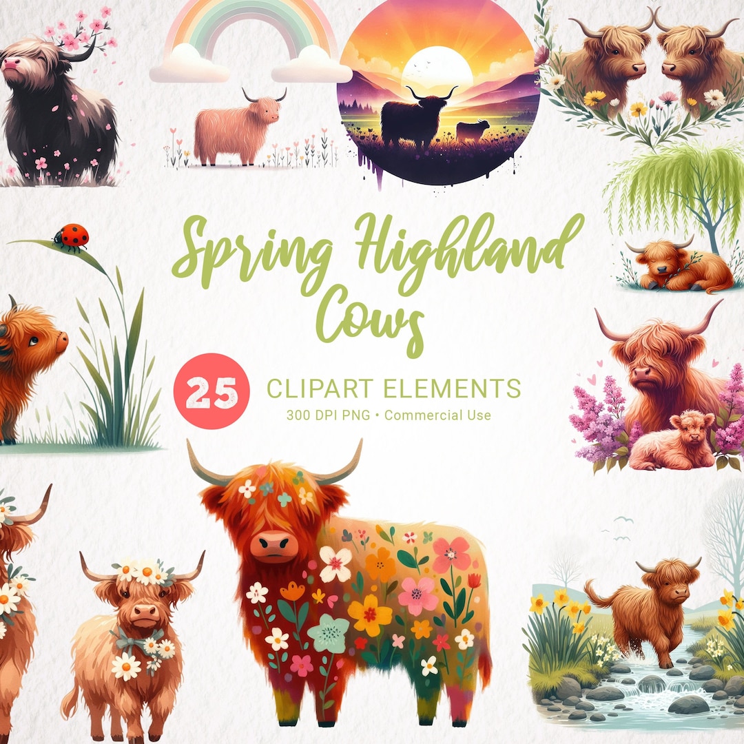 Spring Highland Cows Watercolor Clipart - 25 PNG Big Bundle With ...