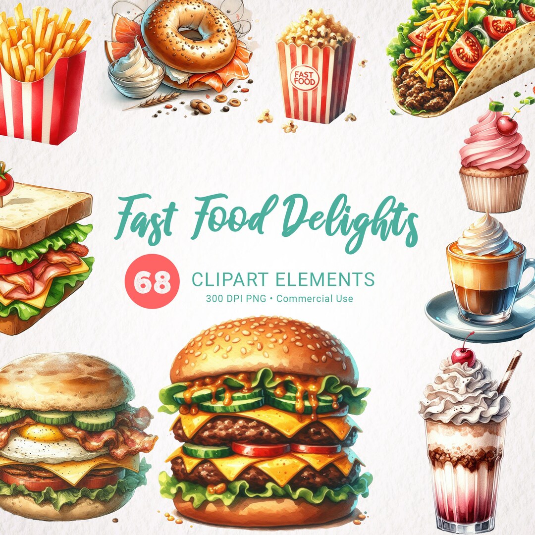 Fast Food Clipart Bundle - Burger, Pizza, Taco, Sandwich, Ramen, Hotdog ...
