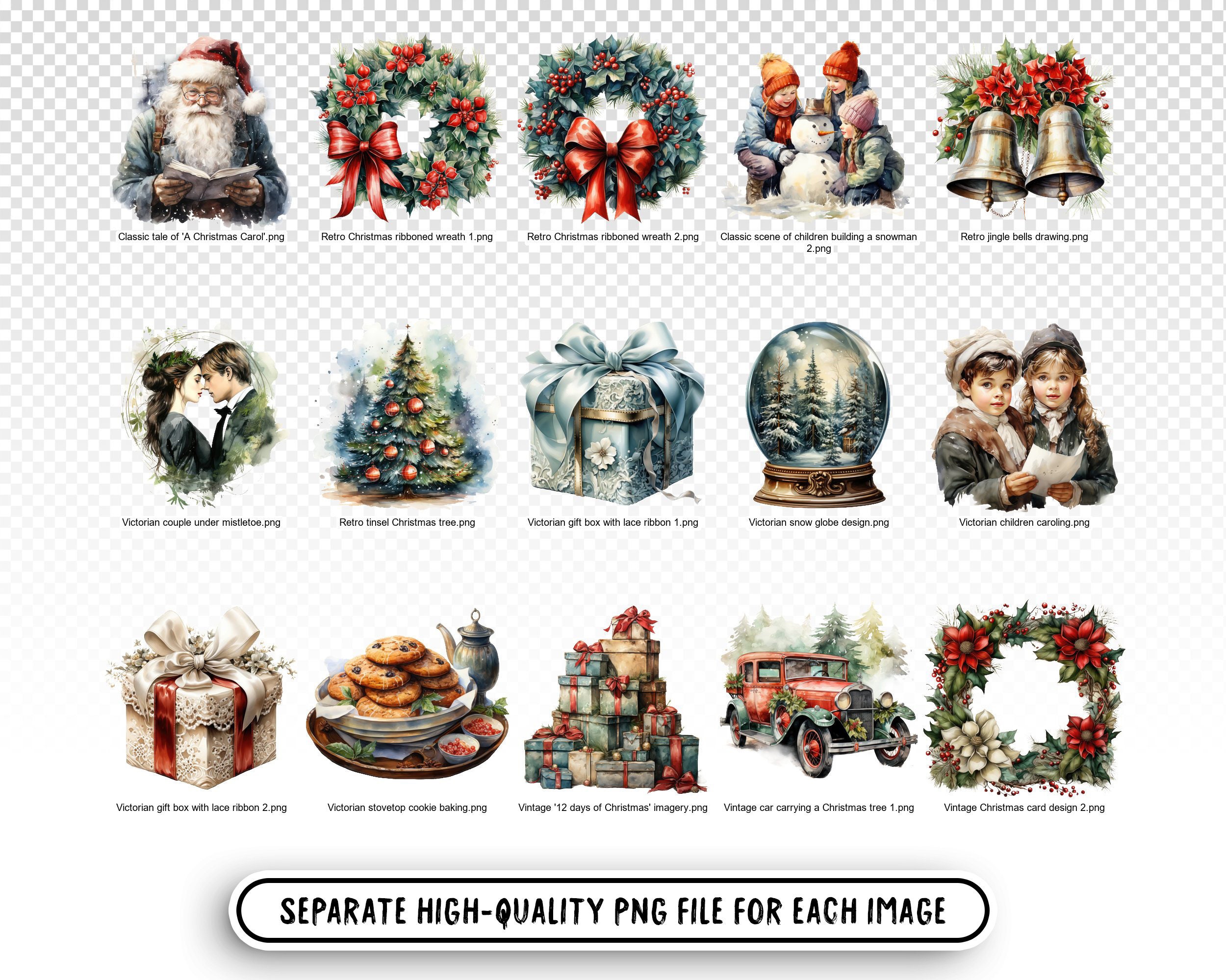 Vintage Christmas Watercolor Clipart Bundle 41 High-quality Pngs ...