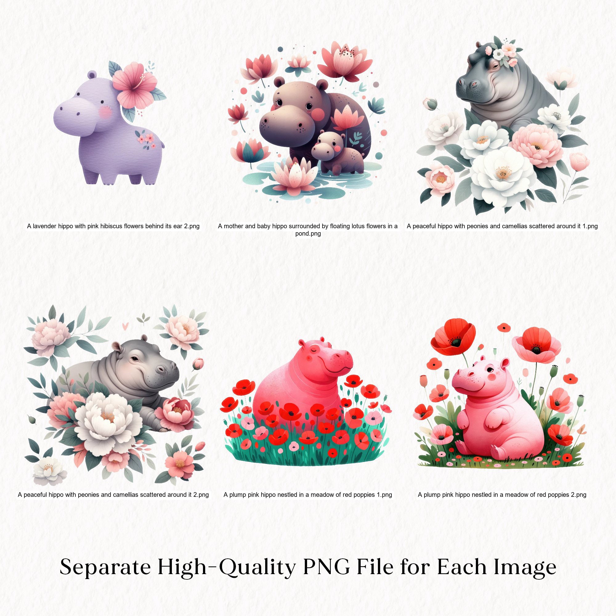 Floral Hippo Watercolor Clipart Bundle 14 PNG Images, Hippo & Flowers ...