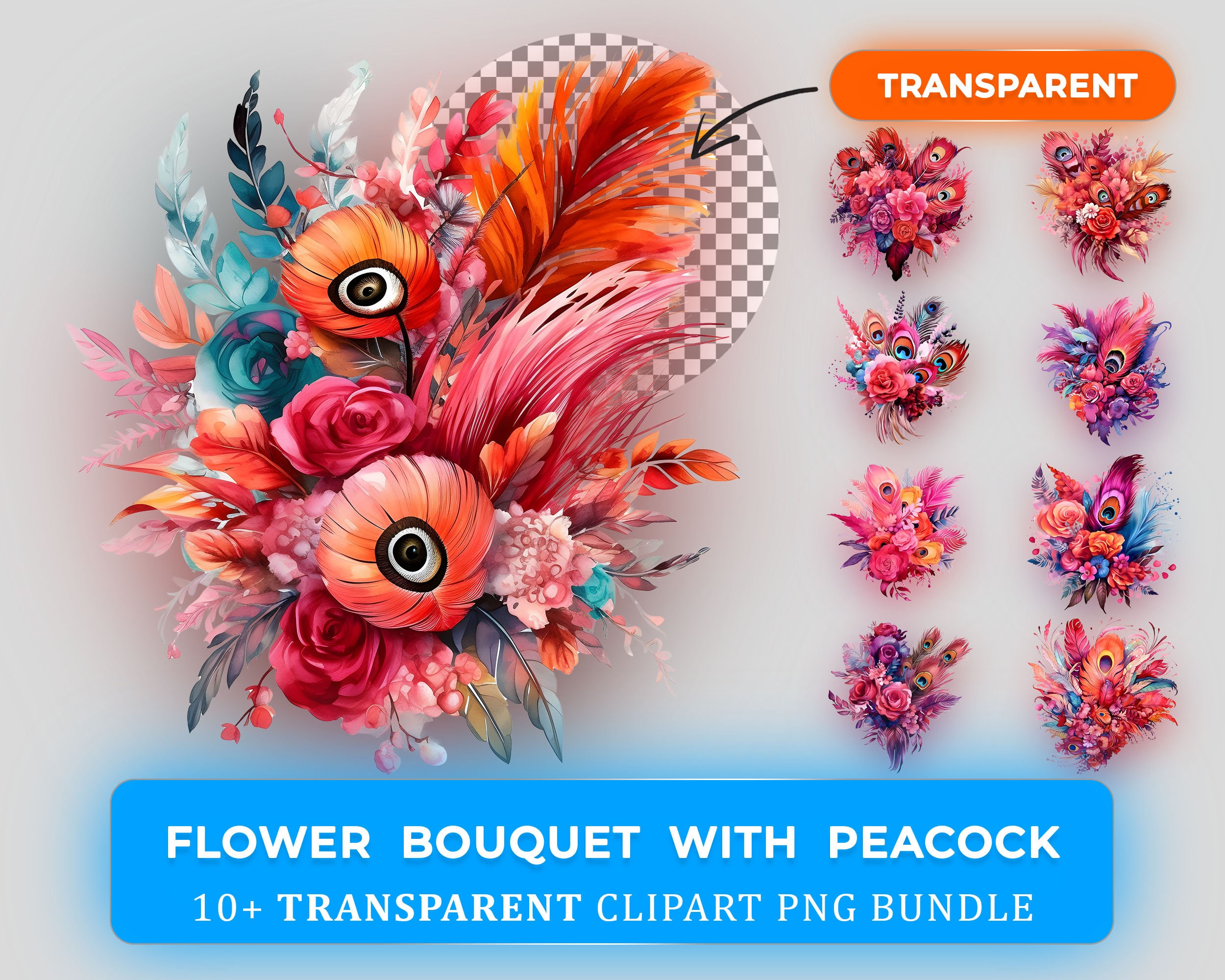 Flower Bouquet With Peacock Clipart Bundle PNG 10 High - Etsy