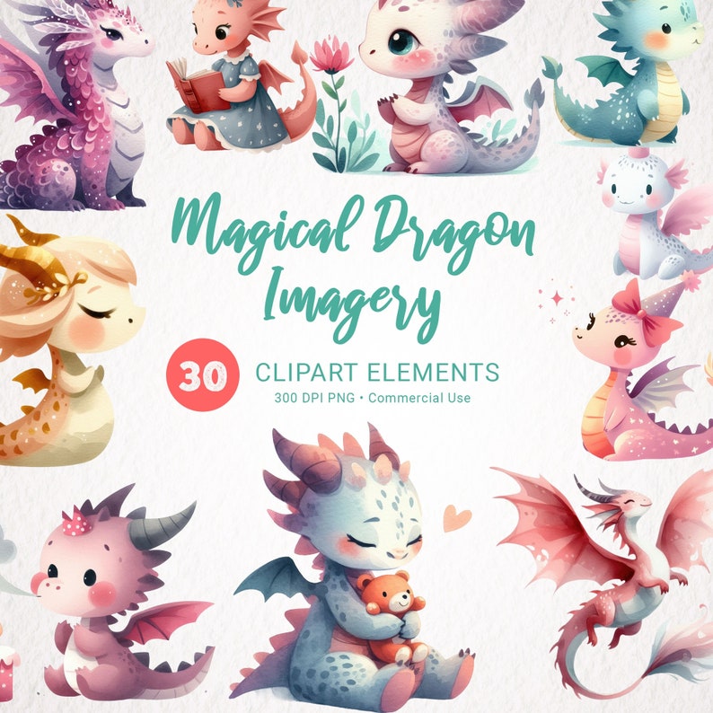 Cute Girly Dragon Watercolor Clipart PNG Nursery Wall Art, Baby Shower ...