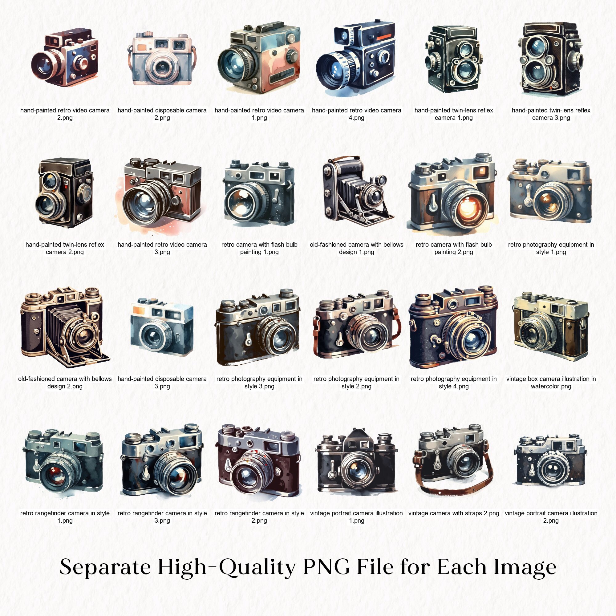Vintage Camera Watercolor Clipart - Hand Painted Retro Camera PNG ...