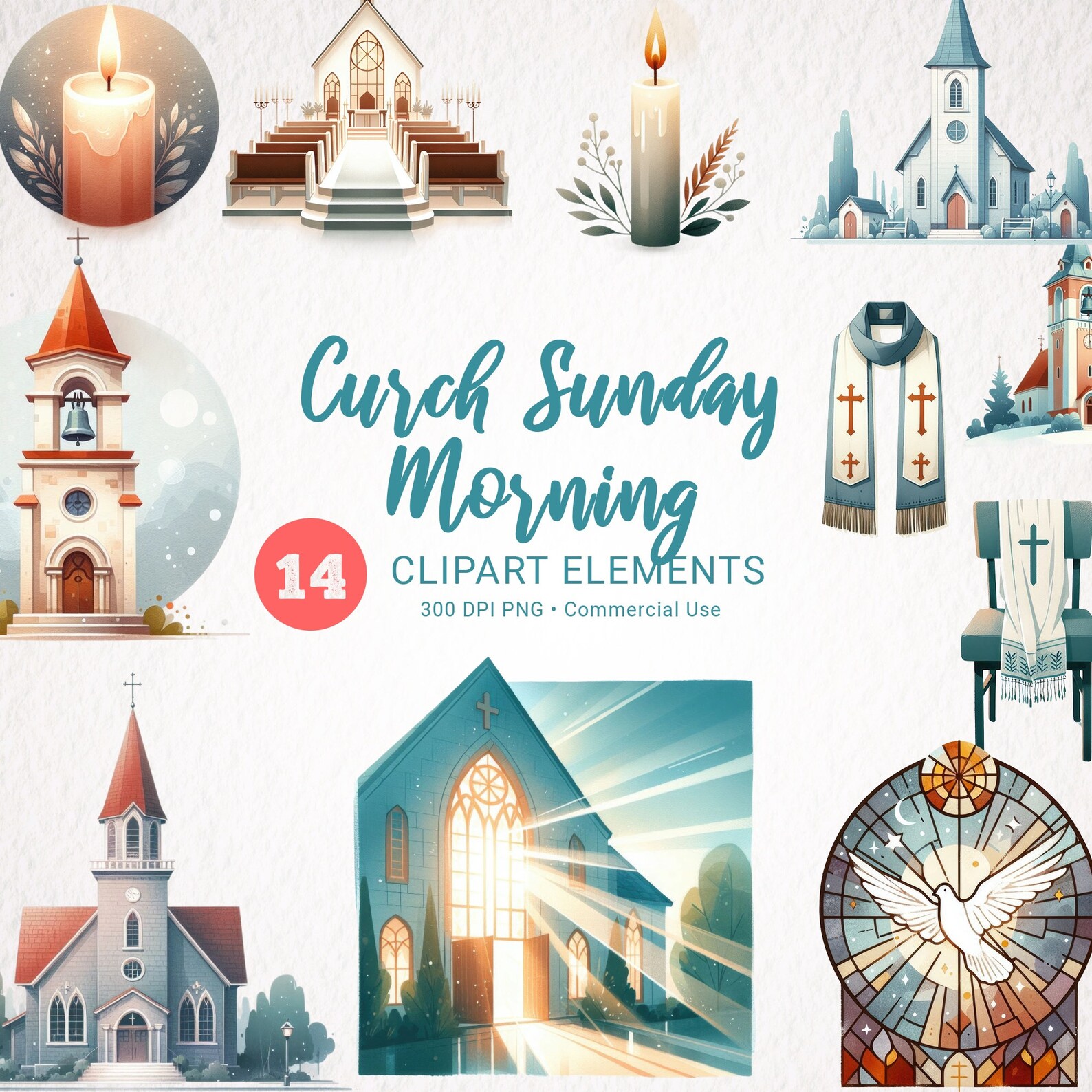 Church Sunday Morning Watercolor Bundle 14 Pngs, Clipart for Worship ...