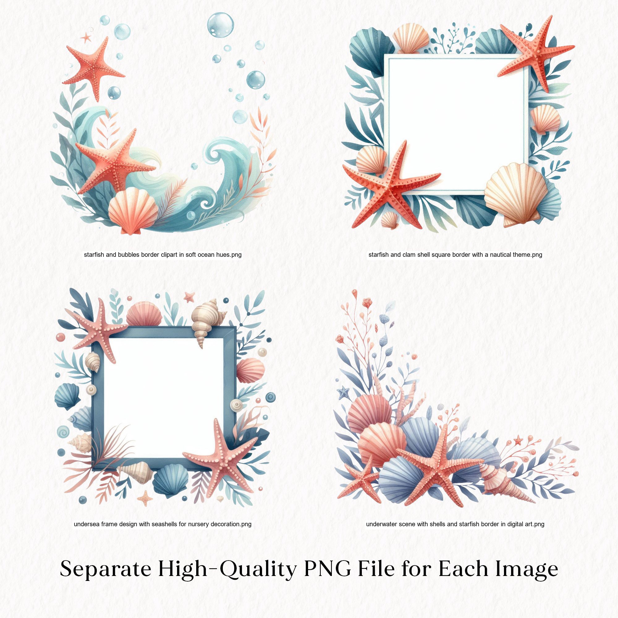 Nautical Watercolor Seashells Frames, Underwater Border PNG, Digital ...