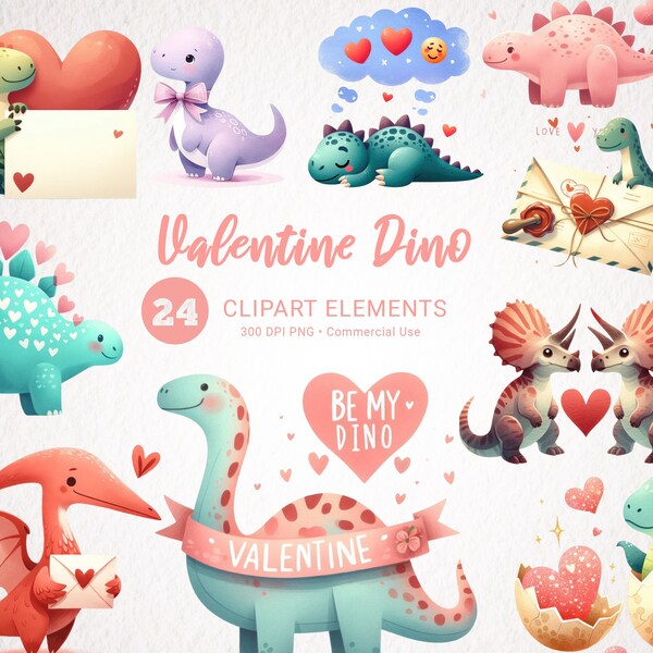 Dinosaur Valentine Clipart - Etsy