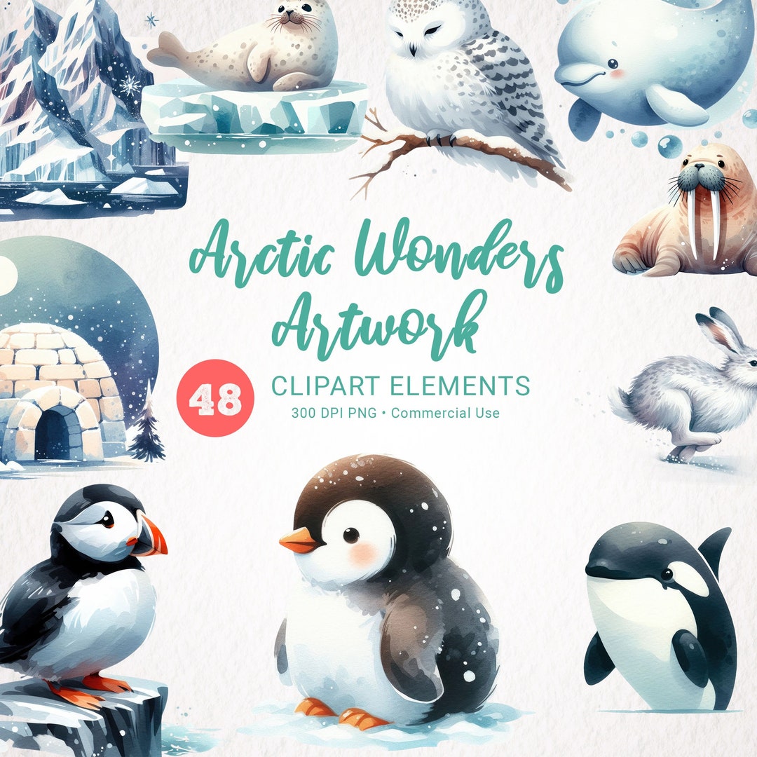 Watercolor Arctic Animals Clipart - Cute Polar Bear, Penguin, Narwhal ...