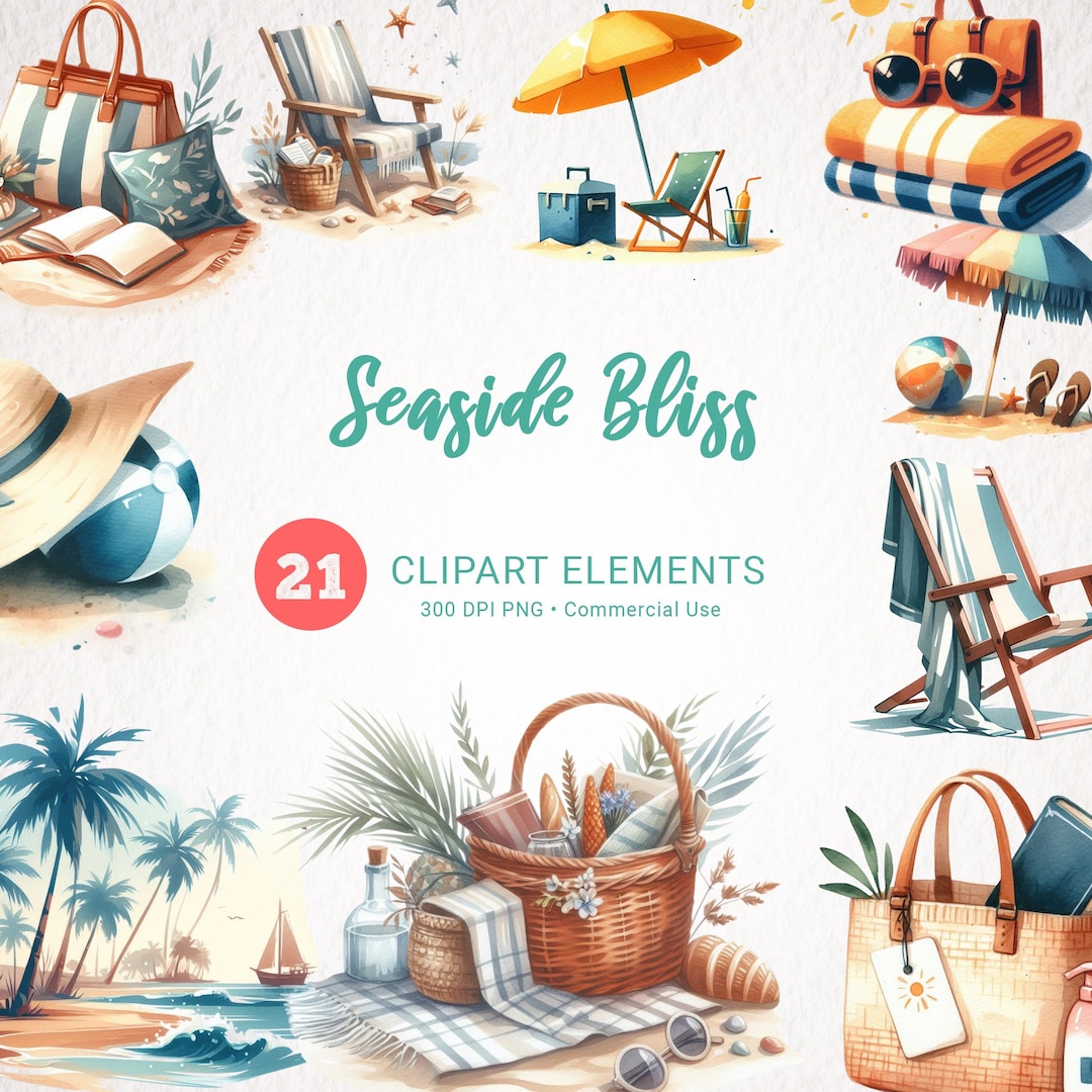 Beach Clipart Watercolor Bundle PNG, Beach Day Set, Beach Chair, Beach ...