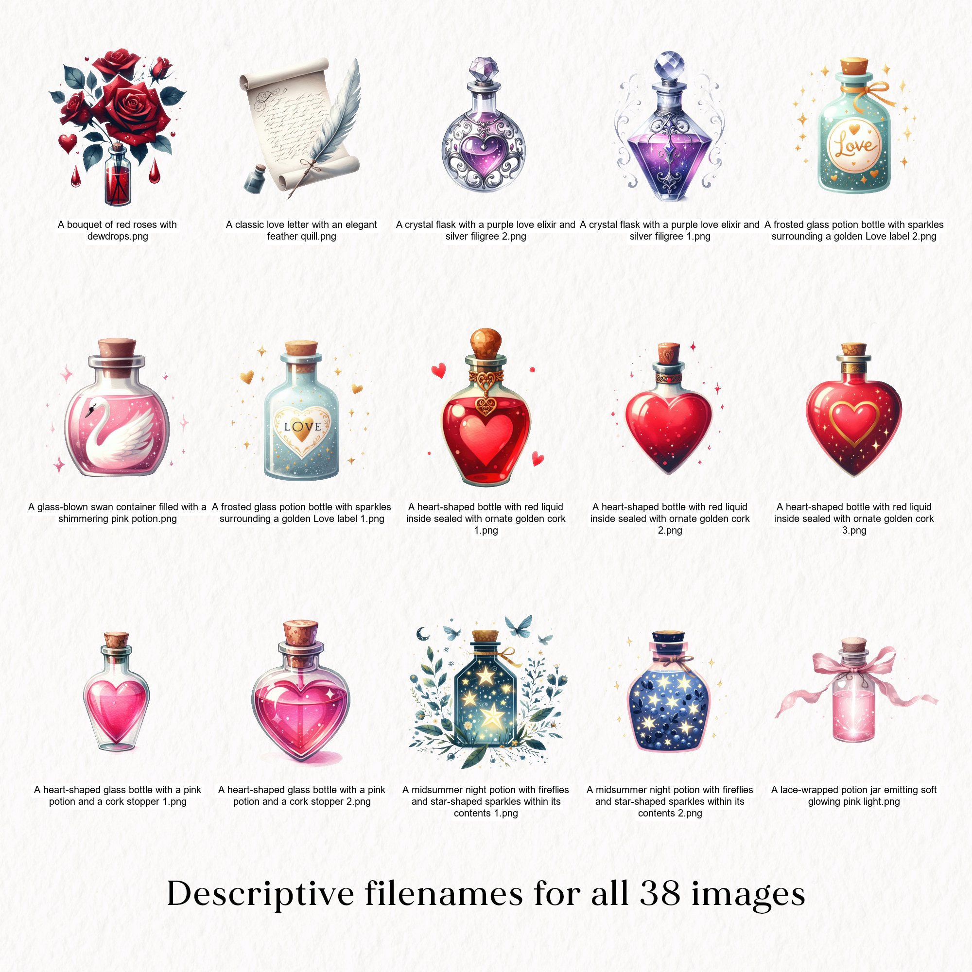 Love Potion Watercolor Clipart Bundle 38 Romantic Transparent Pngs ...