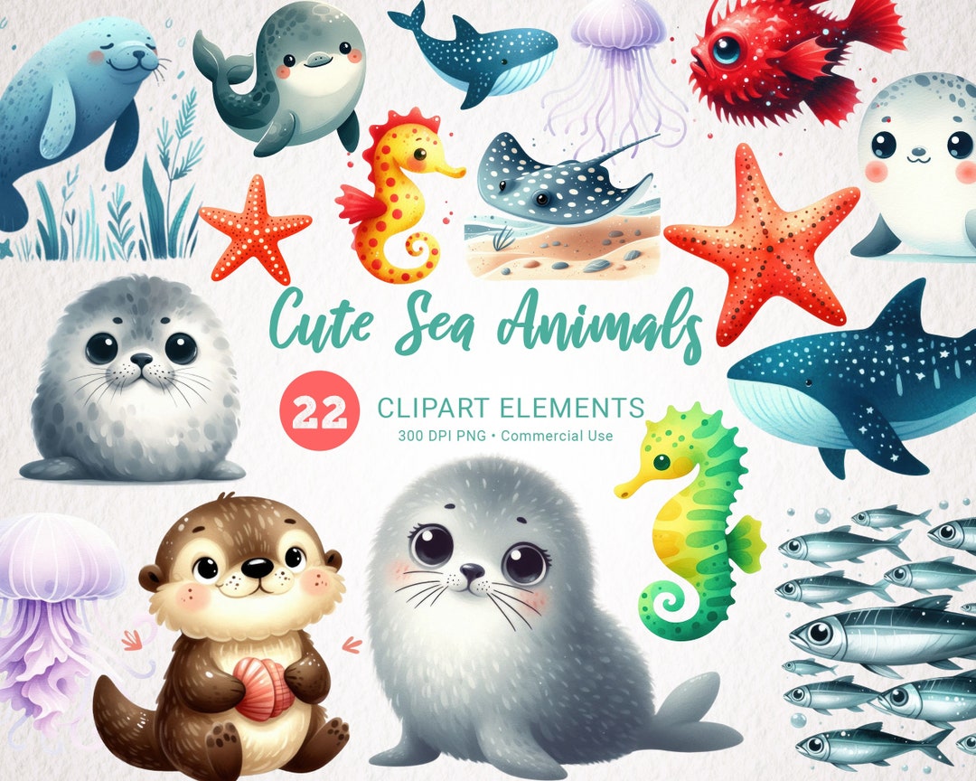 Cute Sea Animals Watercolor Clipart Bundle - 22 PNG Images, Transparent ...