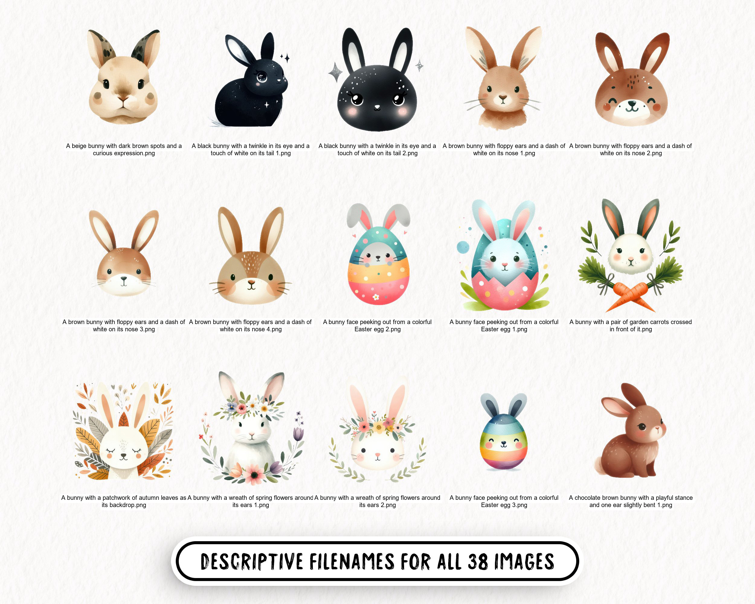 Bunny Face Watercolor Clipart Bundle 38 PNG Bunny Images for Crafts and ...