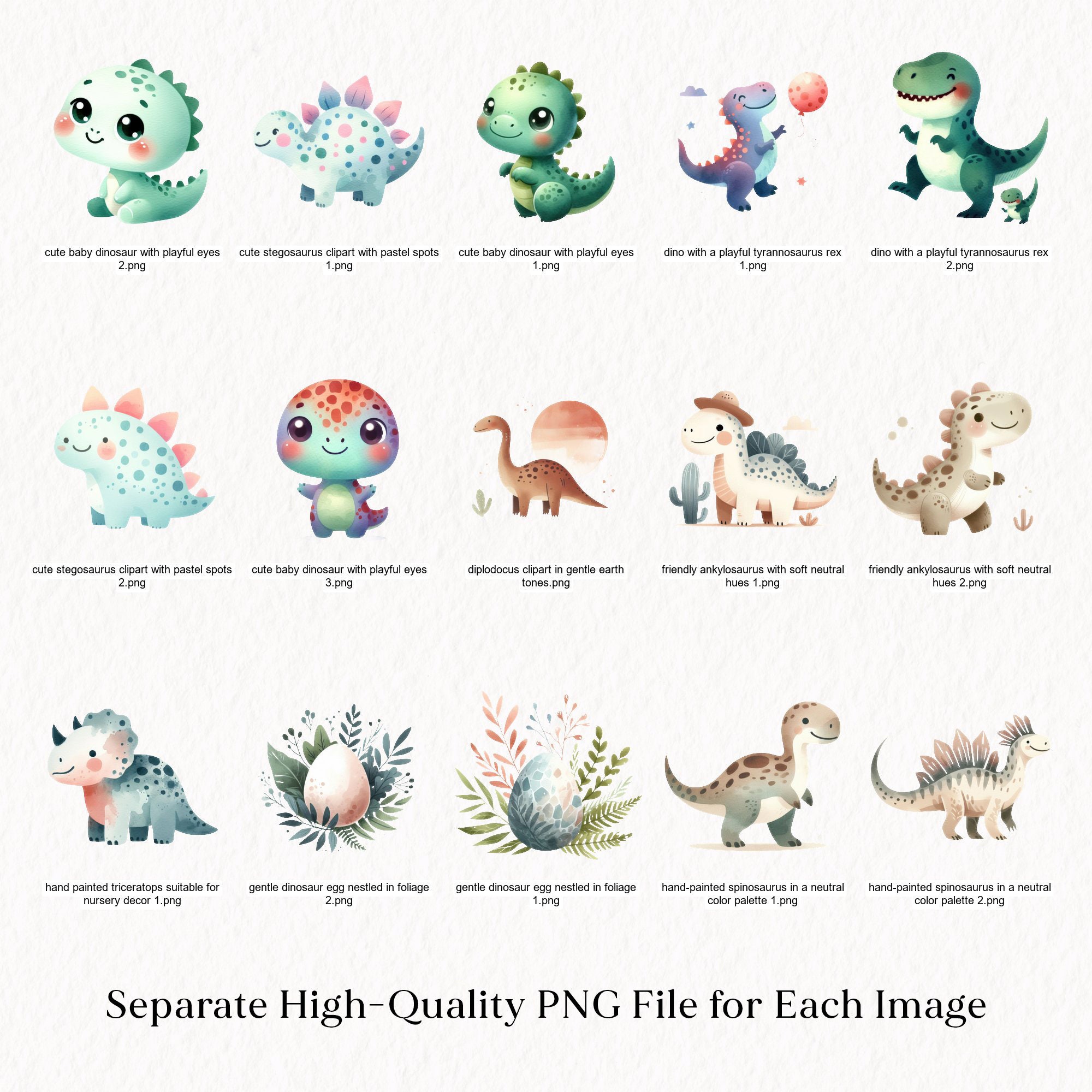 Dinosaur Watercolor Clipart Cute Dino PNG, T-rex Clip Art, Neutral ...