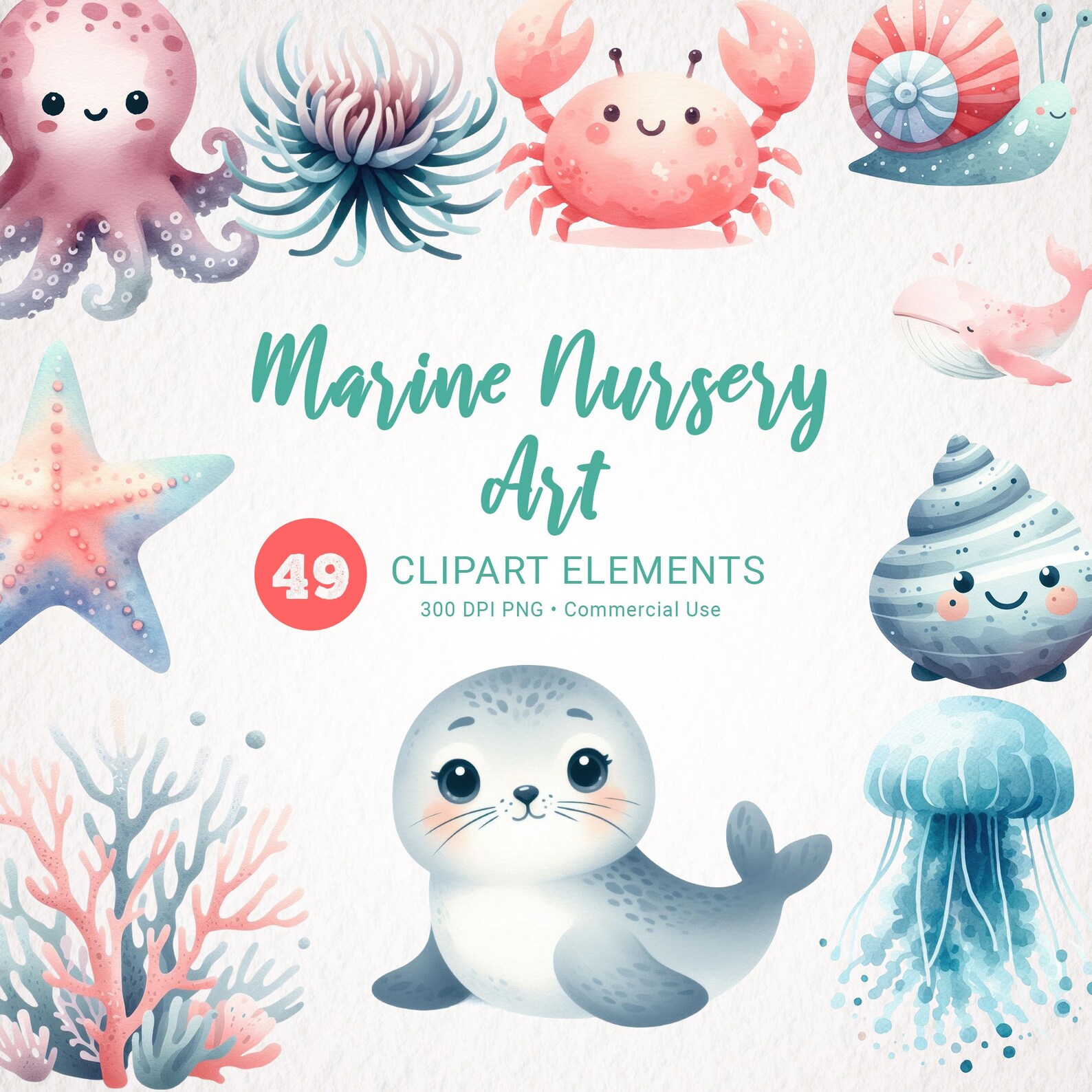 Ocean Animals Watercolor Clipart - Cute Undersea Nursery Decor, Whale ...