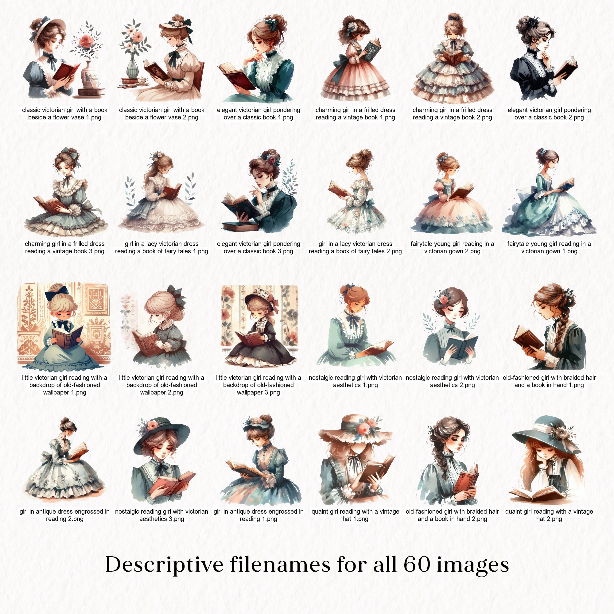 Victorian Girl Reading Clipart Bundle, Vintage Book Lover PNG, Junk ...