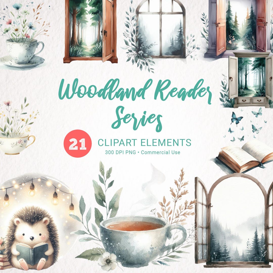 Woodland Reading Watercolor Clipart, Scrapbooking Stickers & Cards ...