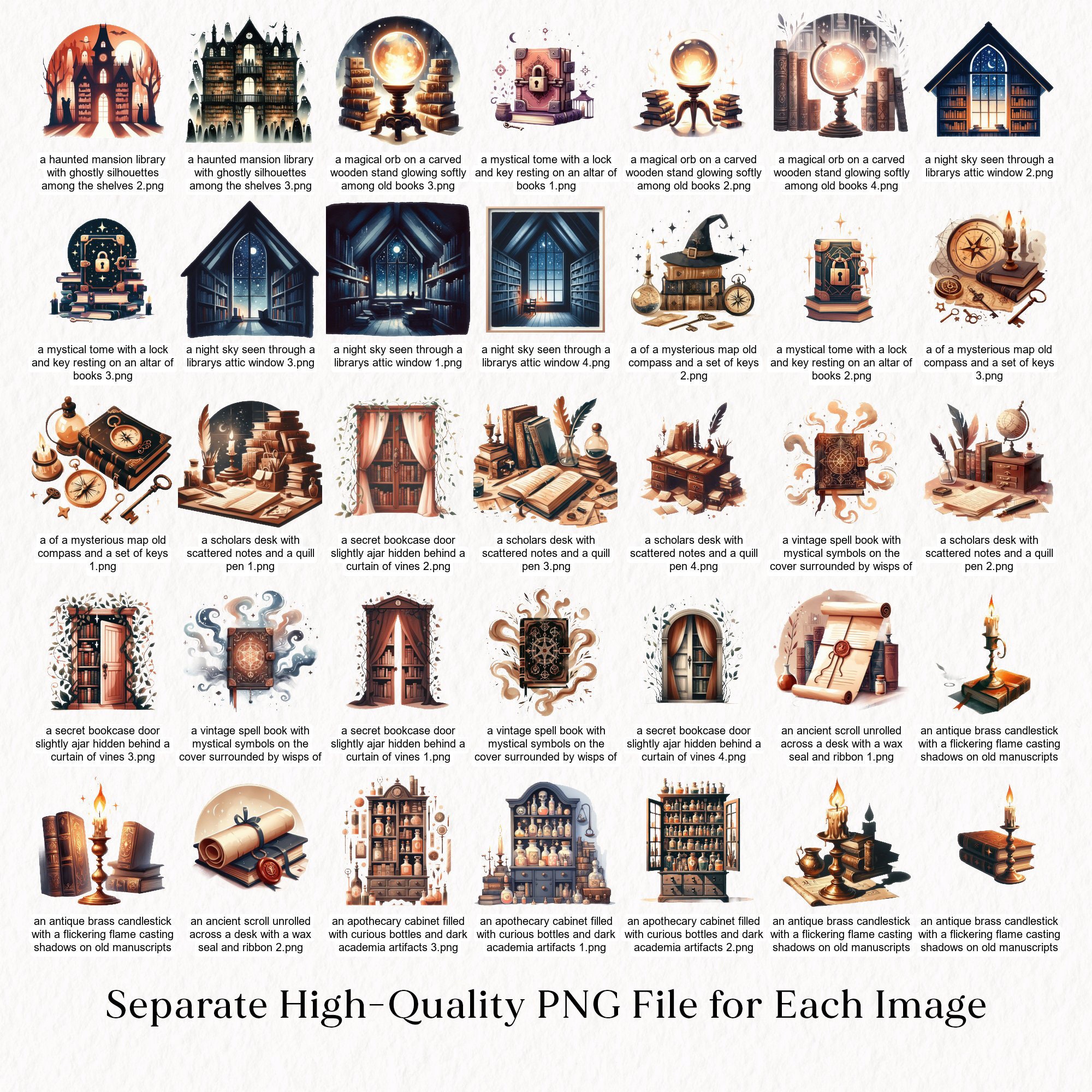 Dark Academia Watercolor Clipart Spell Library Bundle, Vintage Bookworm ...