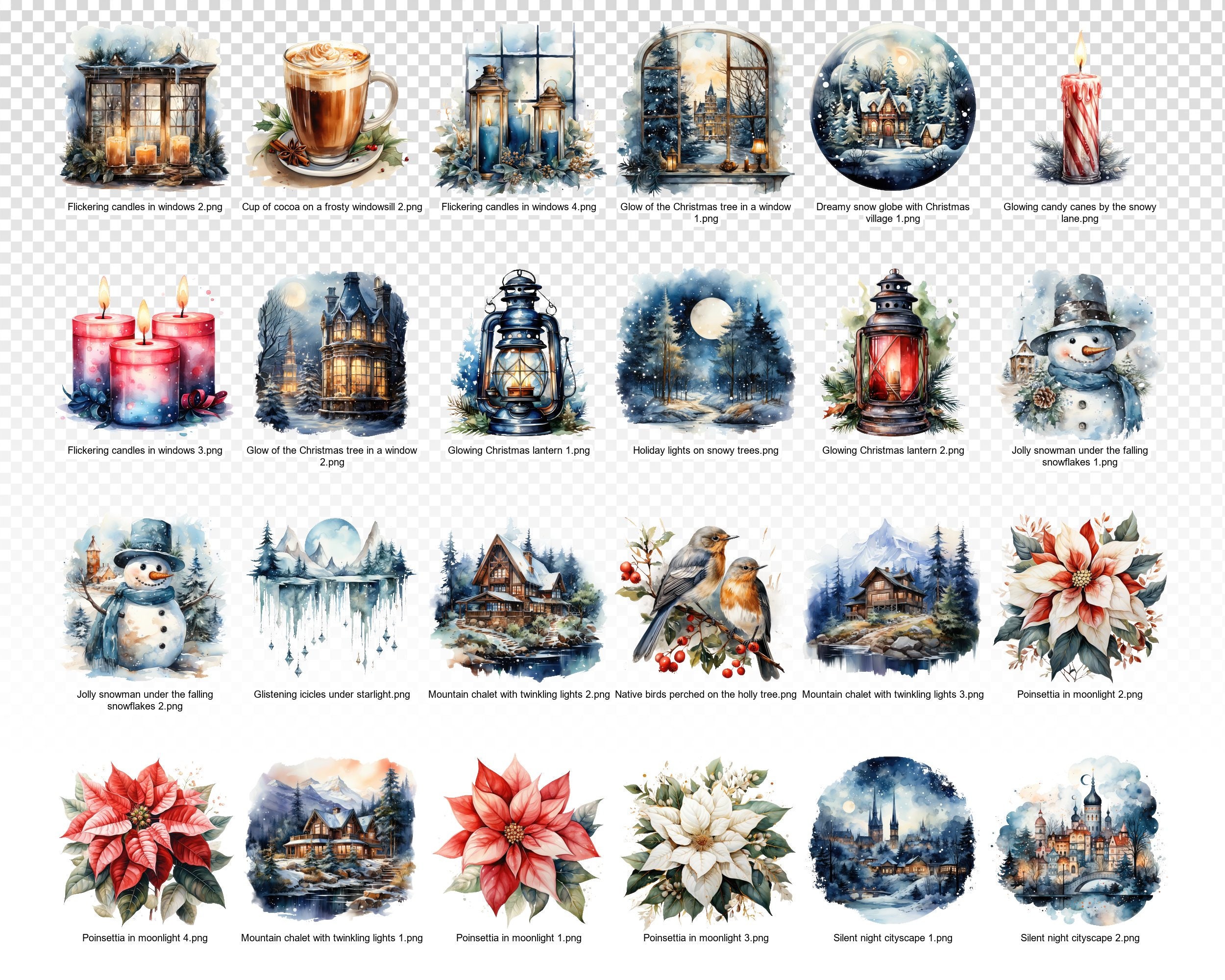 Christmas Night Watercolor Clipart Bundle 68 High Quality Pngs, Holiday ...