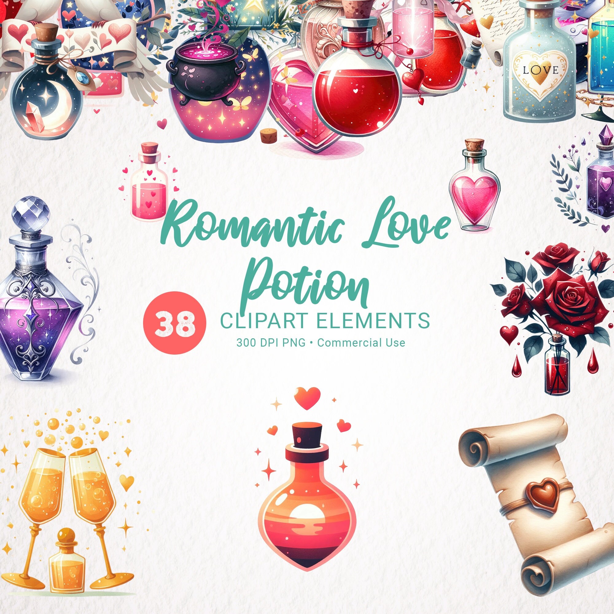 Love Potion Watercolor Clipart Bundle 38 Romantic Transparent Pngs ...