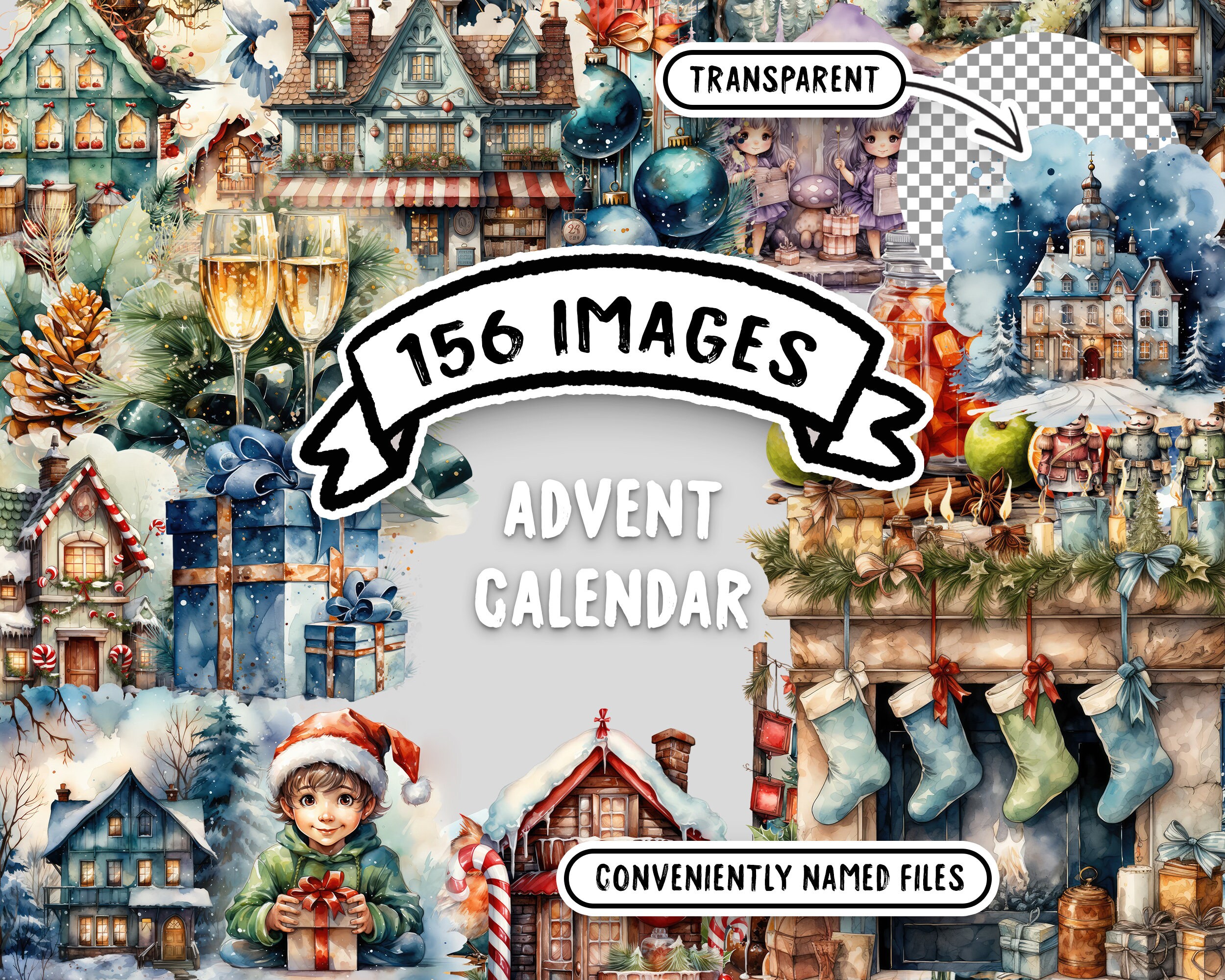 Advent Calendar Watercolor Clipart Bundle 156 PNG Transparent Images ...