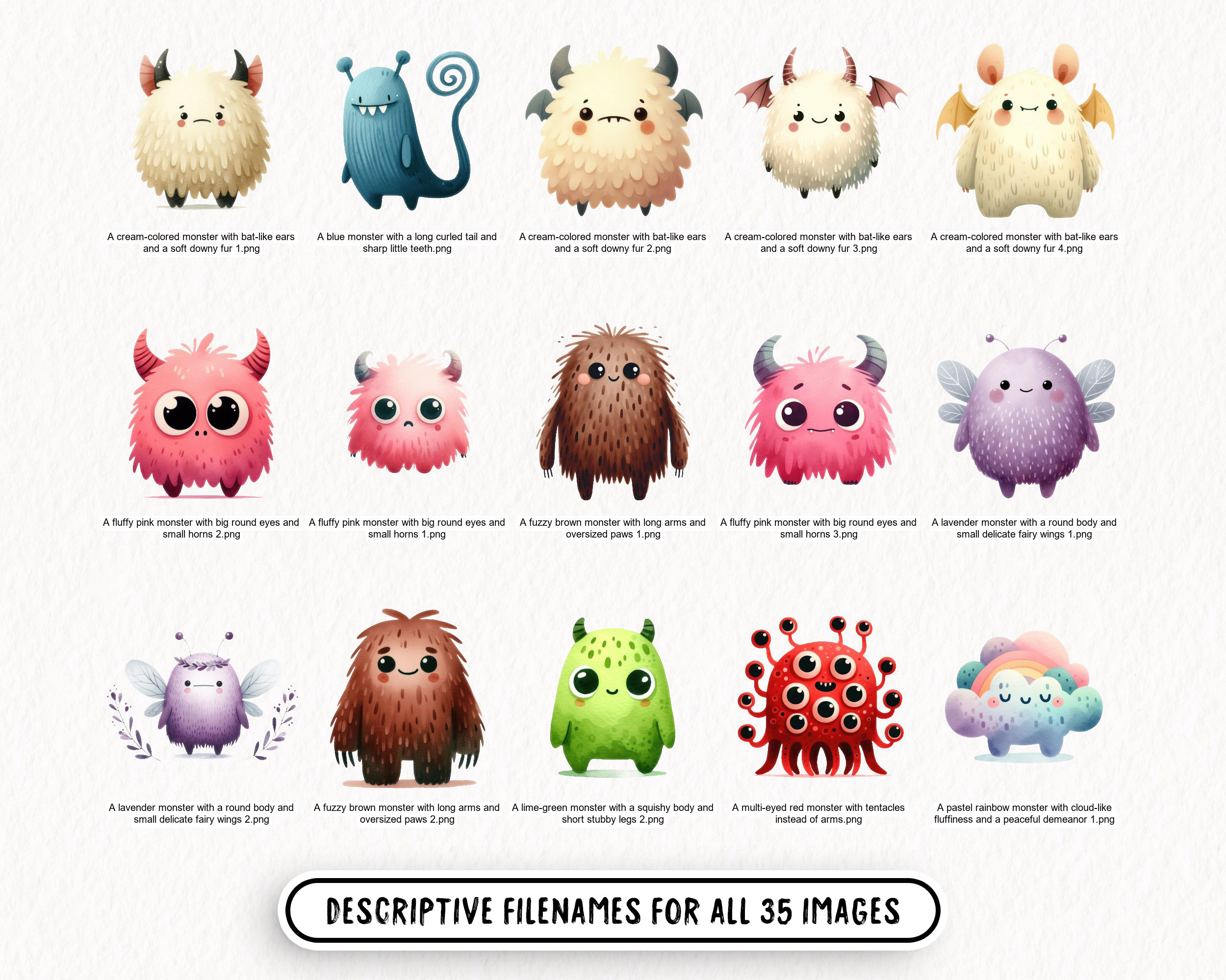 Cute Monsters Watercolor Clipart Bundle 35 PNG Transparent Images Kids ...