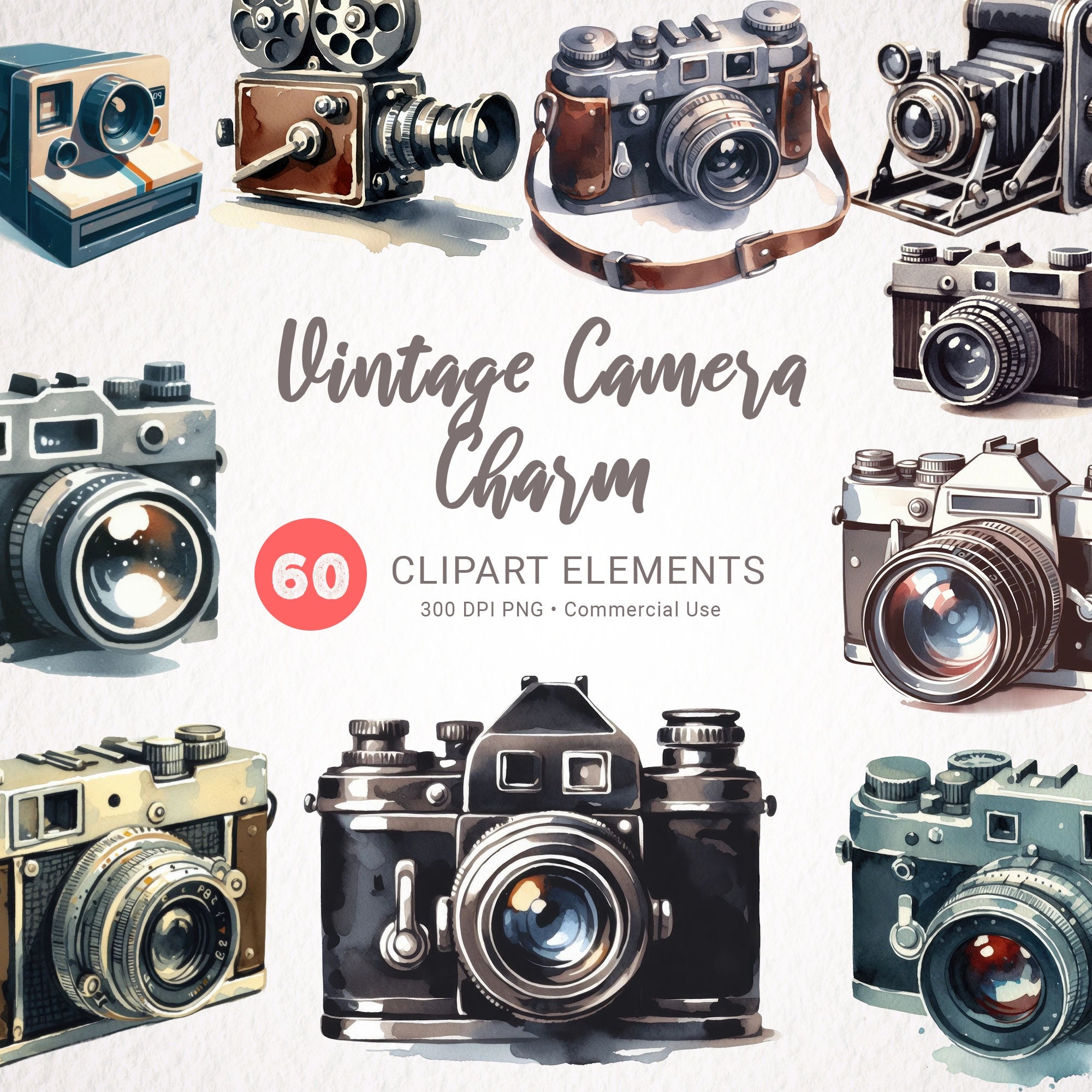 Vintage Camera Watercolor Clipart Hand Painted Retro Camera PNG ...