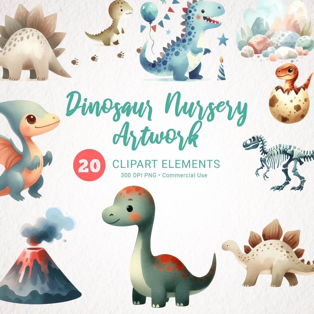 Dinosaur Watercolor Clipart - Neutral Baby Boy Nursery Decor, Dino ...