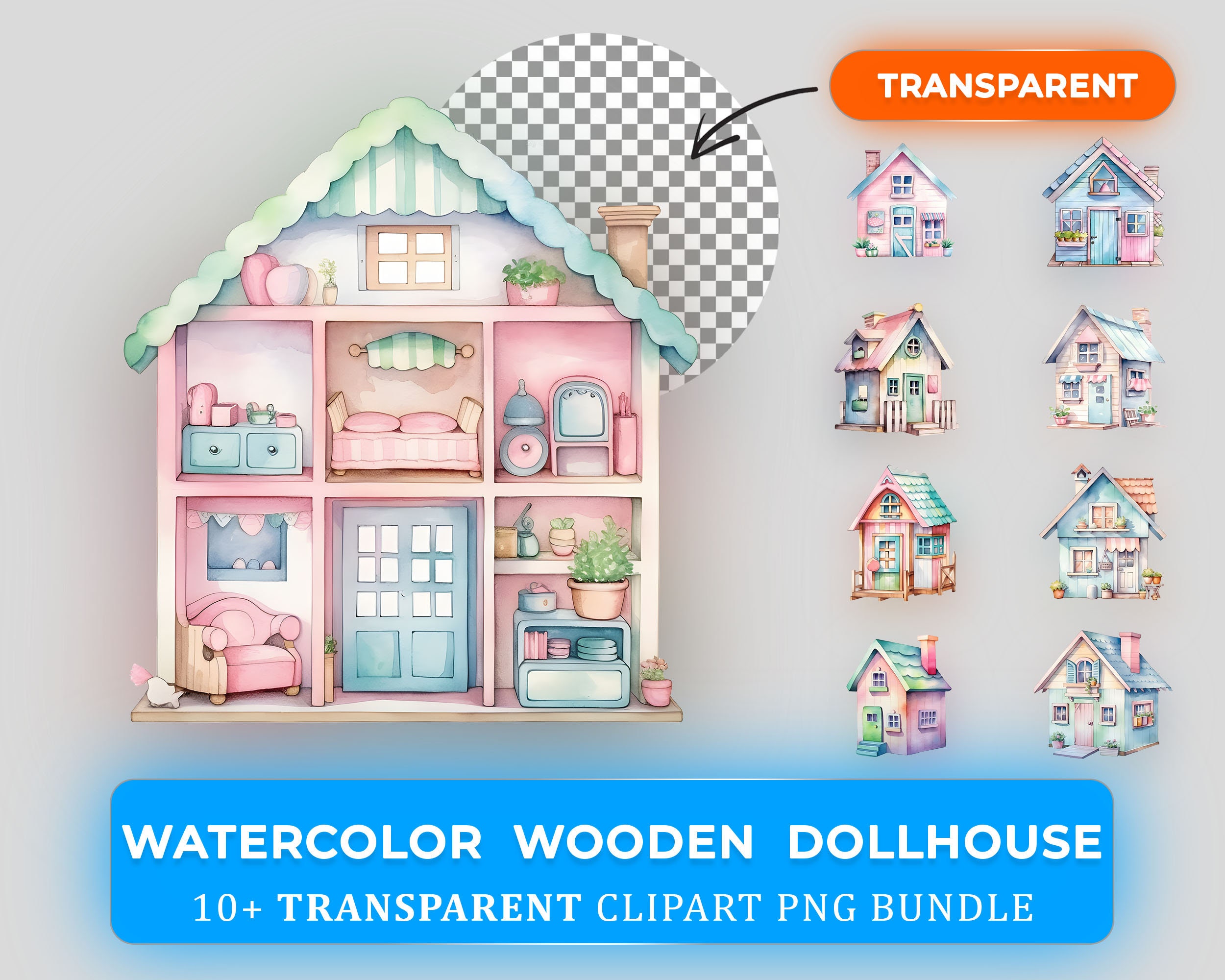 Watercolor Wooden Dollhouse Clipart Bundle PNG 10 High - Etsy
