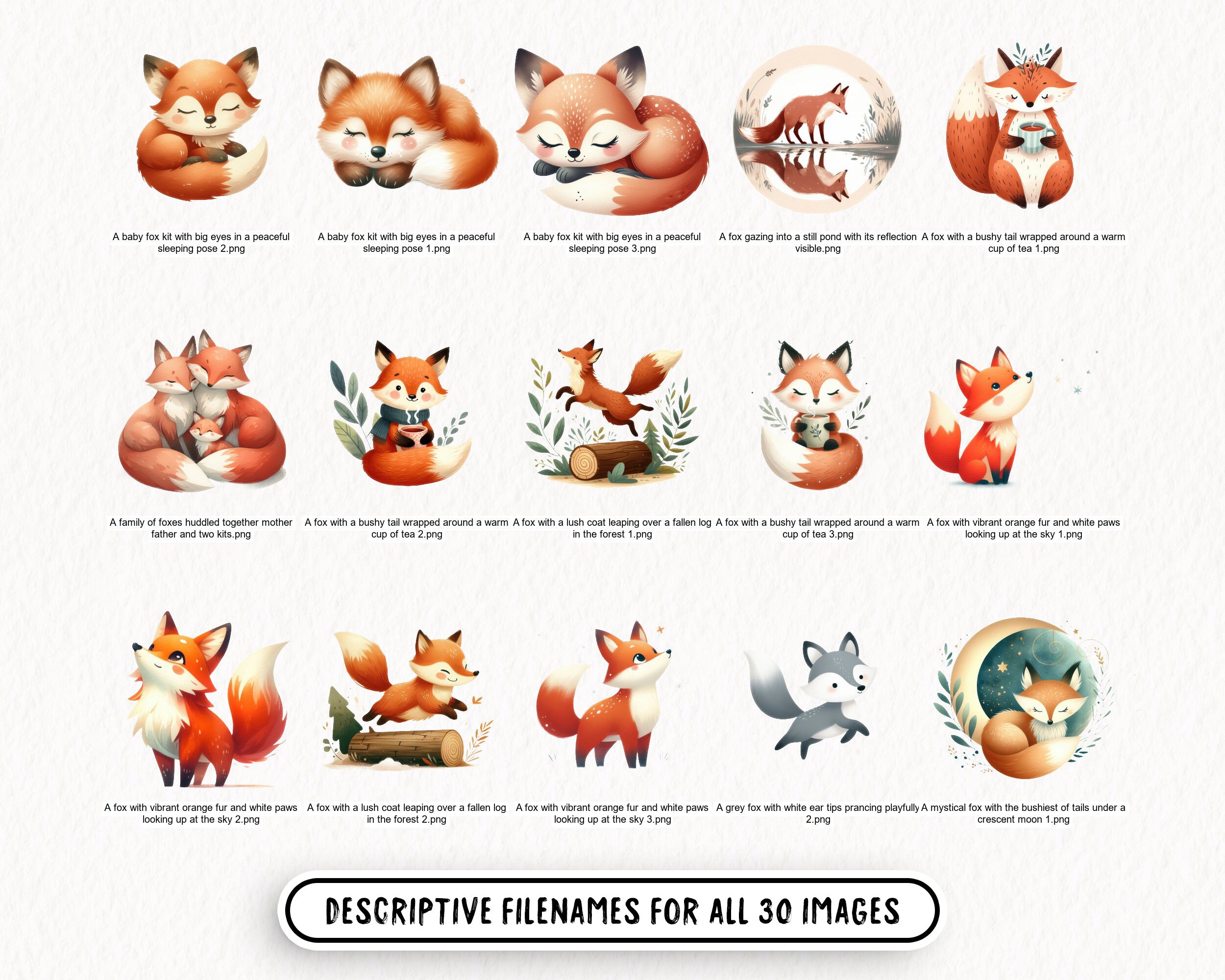 Cute Fox Watercolor Clipart Bundle 30 High-quality PNG Images ...