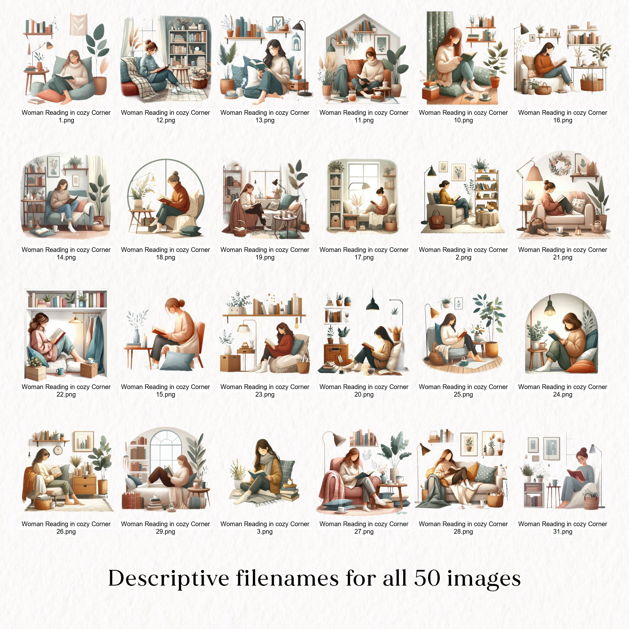 Cozy Reading Corner Watercolor Clipart 50 Transparent PNG Woman Reading ...